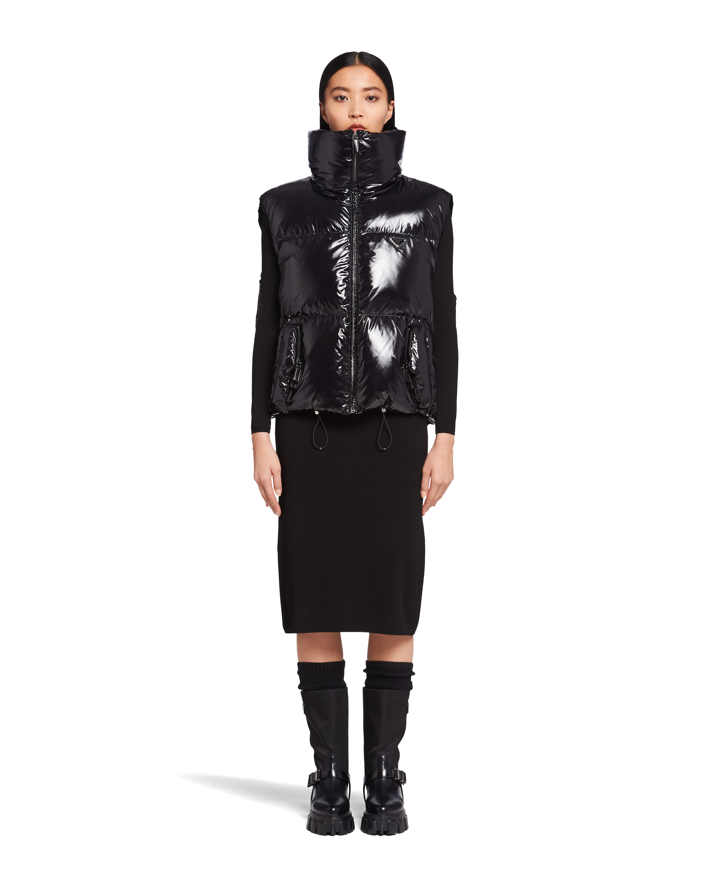 黑色 亮面尼龙羽绒背心外套 Prada