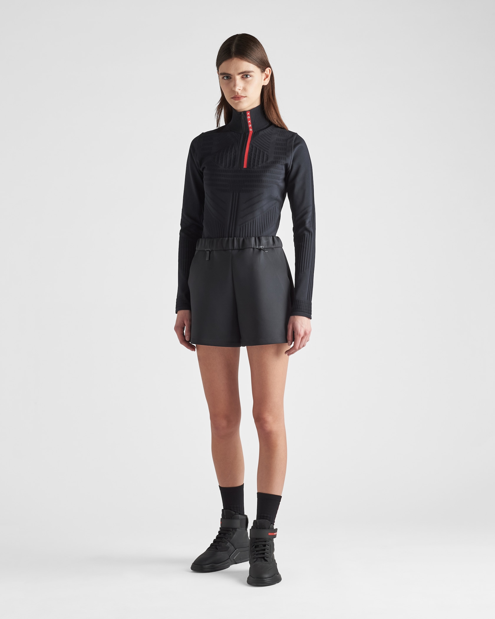 Black Tech Rec Nylon Piqué Sports Top | PRADA
