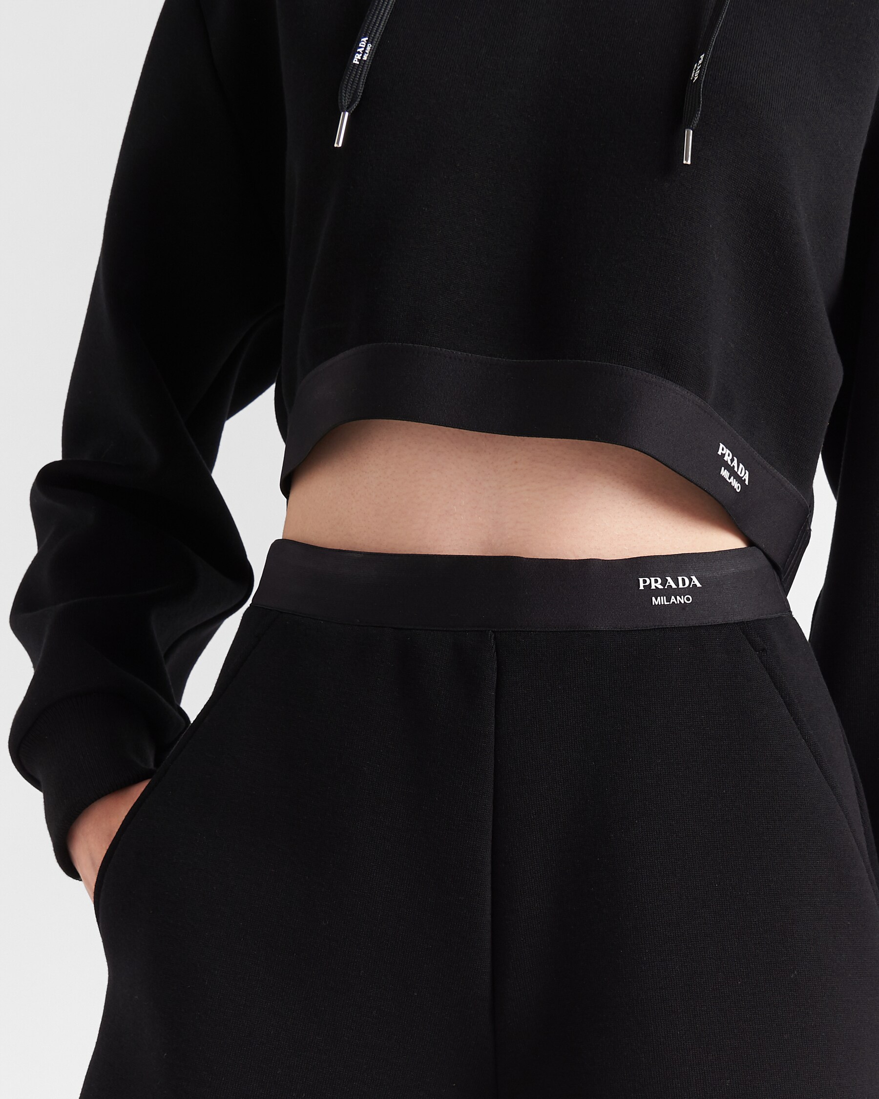 Black Cotton Fleece And Re-nylon Hoodie | PRADA