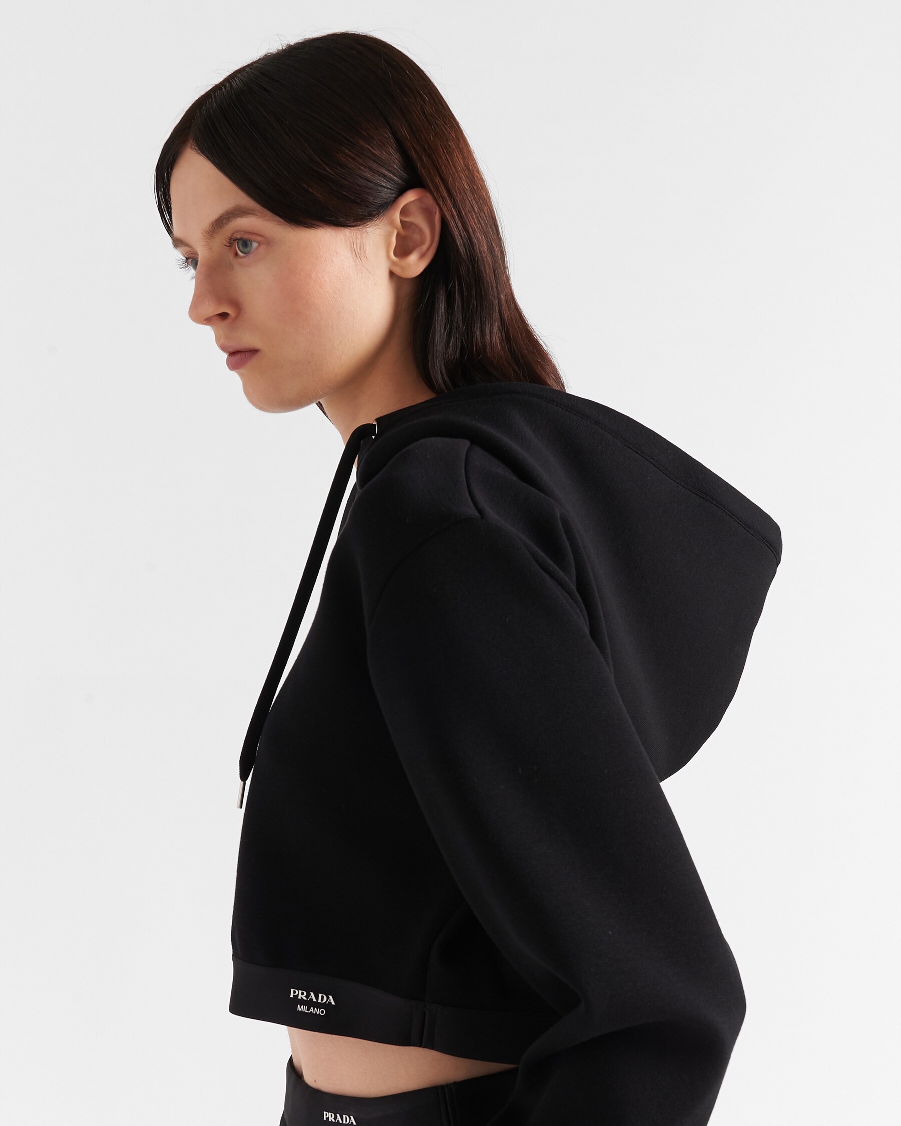 Black Cotton Fleece And Re-nylon Hoodie | PRADA