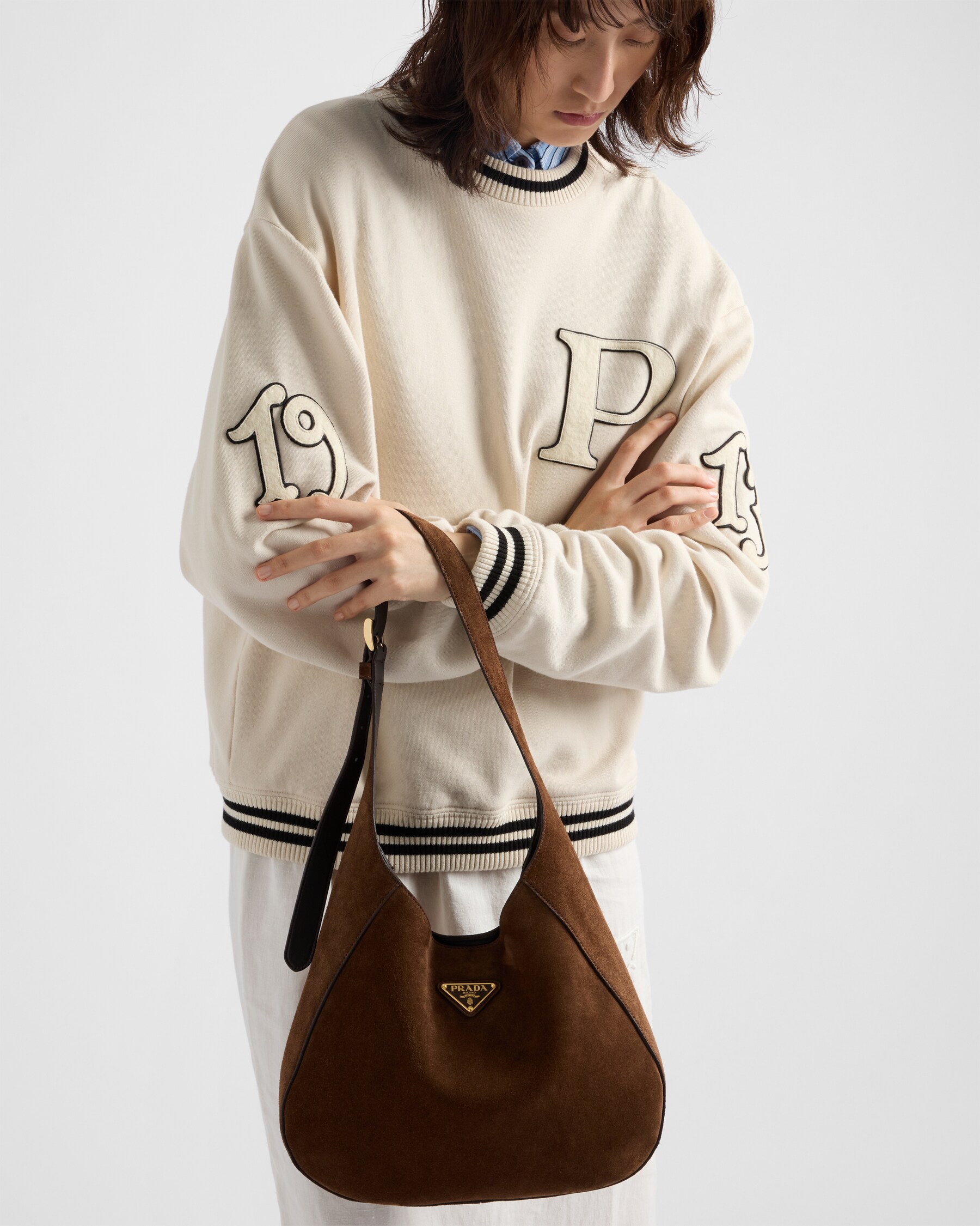 Ivory Cotton Fleece Sweatshirt With Patches | PRADA