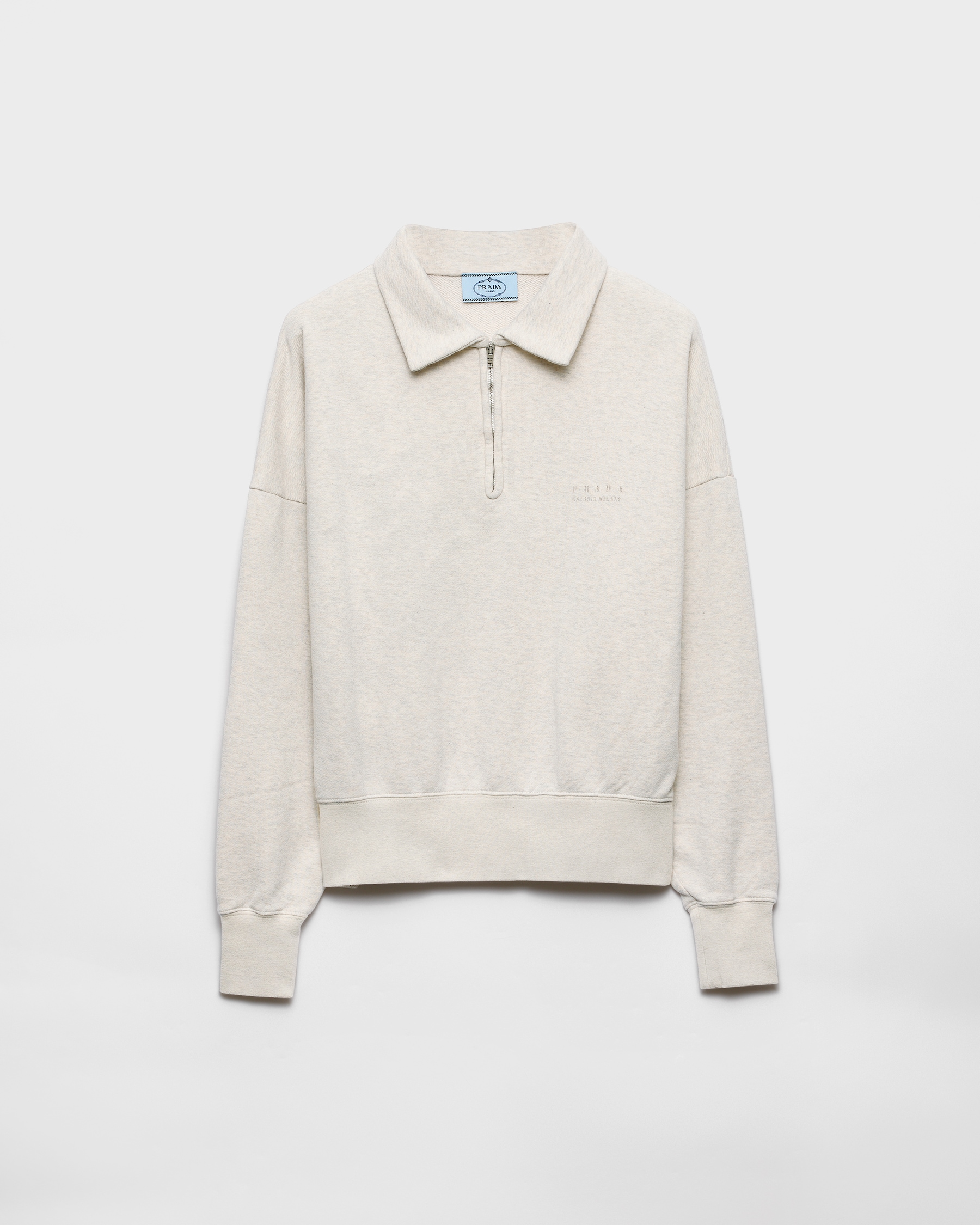 Natural Long-sleeved Cotton Fleece Polo Shirt | PRADA