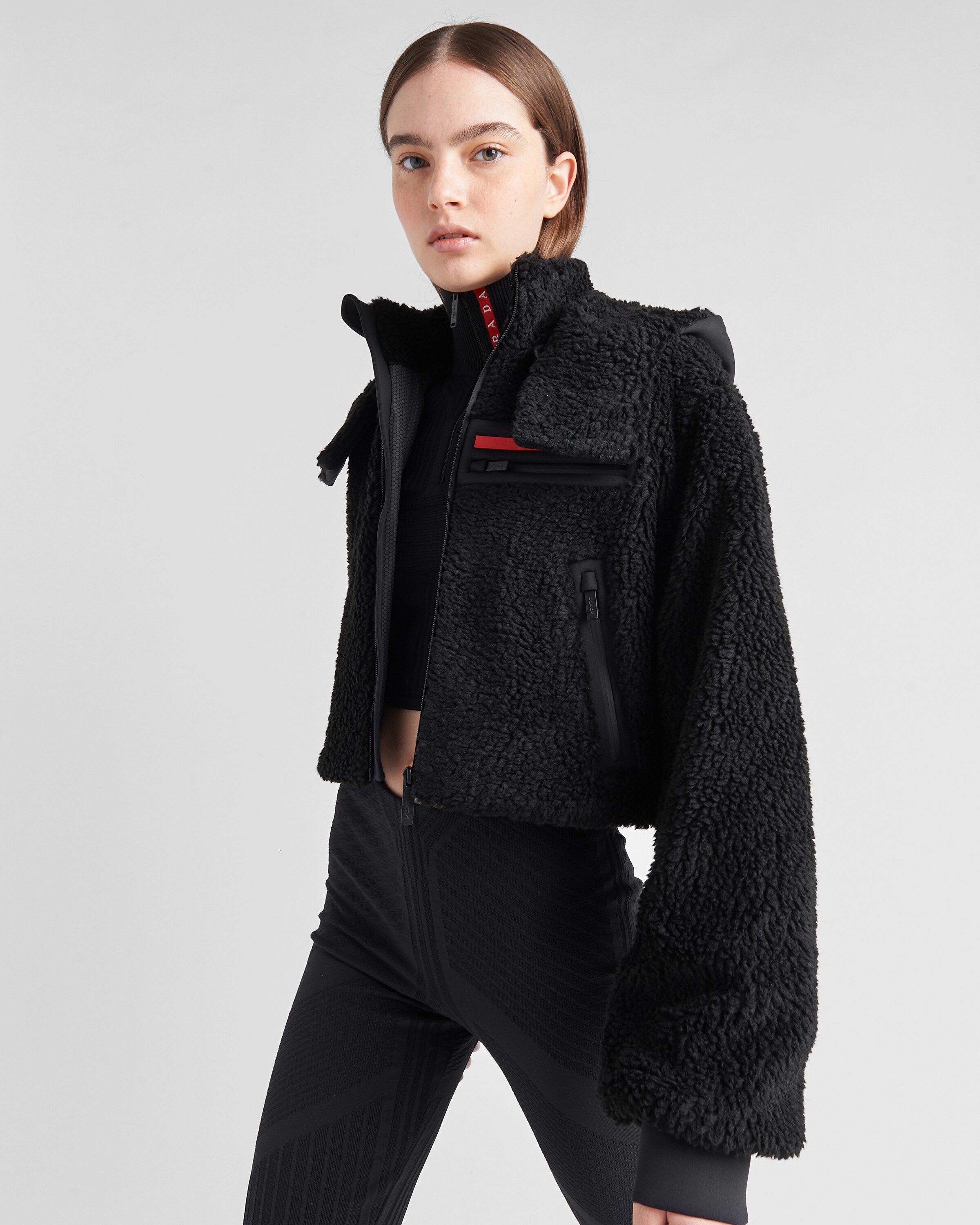 Black/black Cropped Fleece And Recycled Technical Fabric Sweatshirt | PRADA