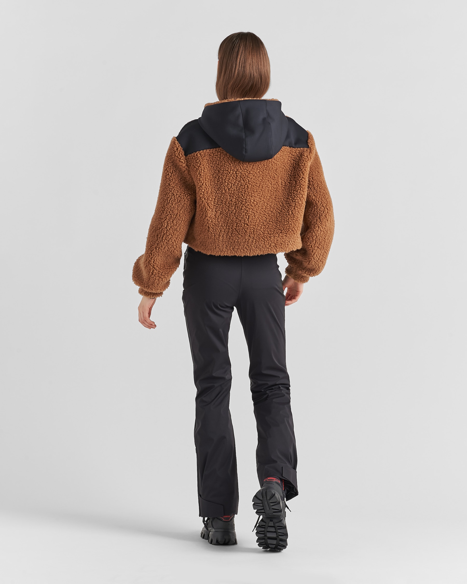Camel/black Cropped Double Fleece Jacket | PRADA
