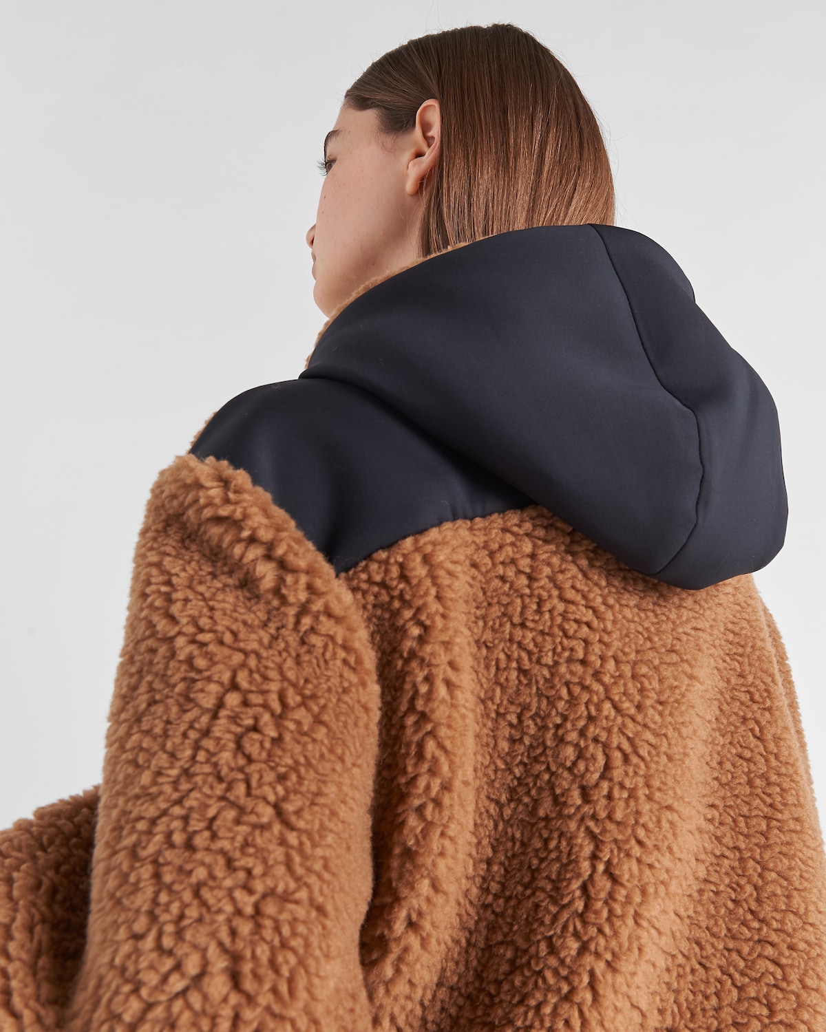 Camel/black Cropped Double Fleece Jacket | PRADA