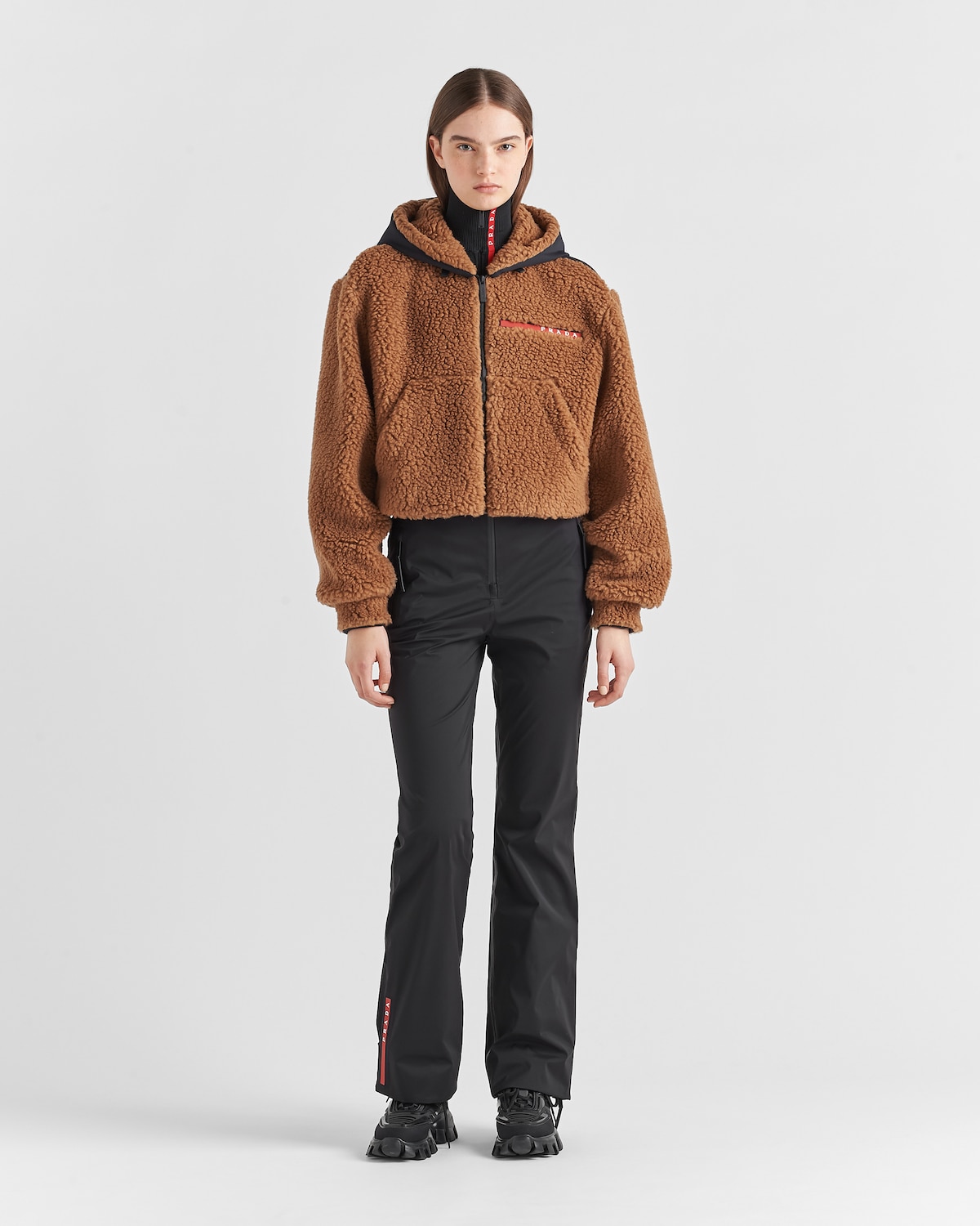 Camel/black Cropped Double Fleece Jacket | PRADA
