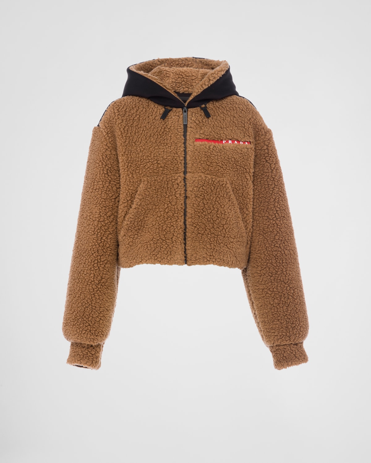 Camel/black Cropped Double Fleece Jacket | PRADA
