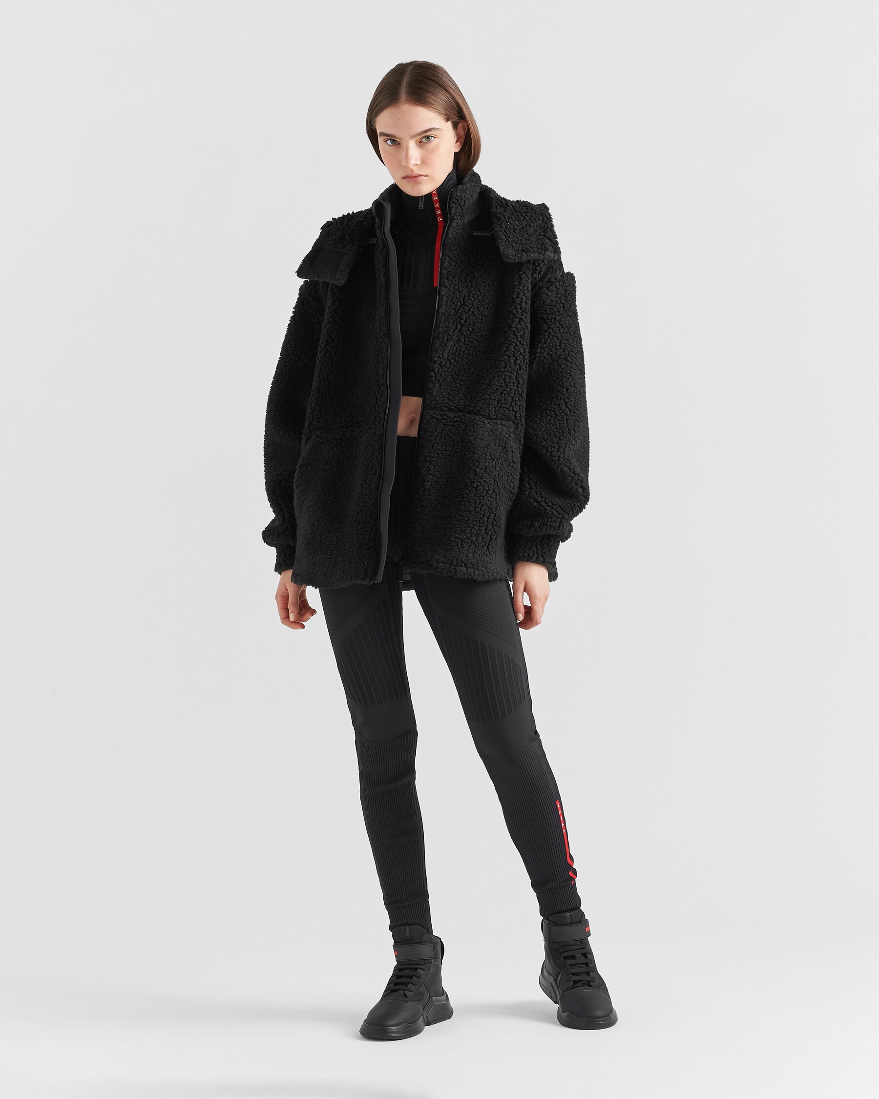 Black/black Double Fleece And Recycled Technical Fabric Jacket | PRADA