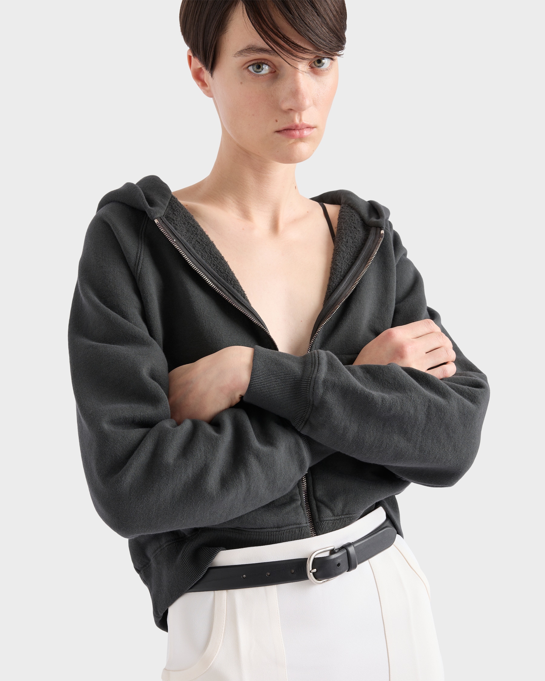 Asphalt Gray Cotton Zipper Hoodie | PRADA