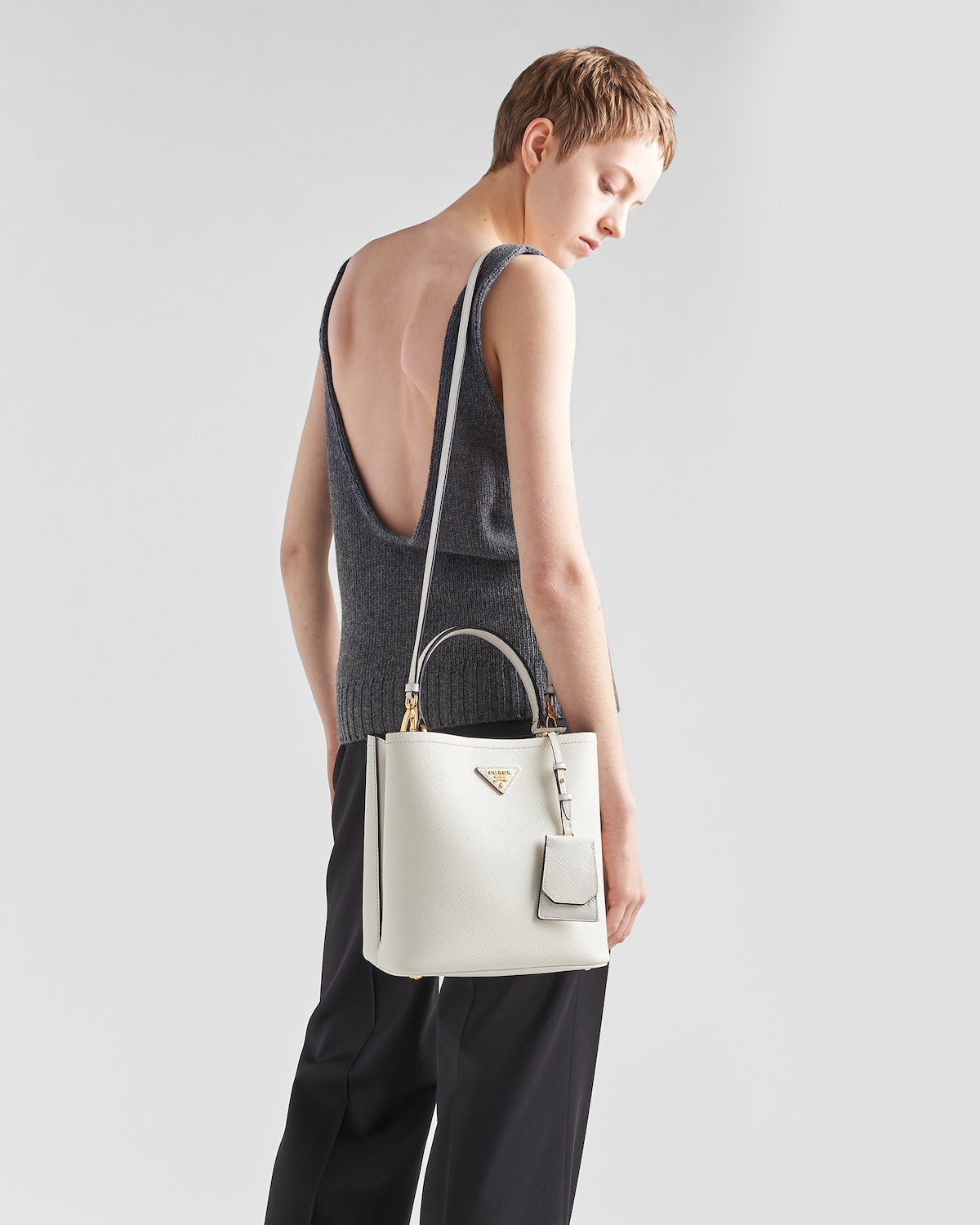 White/black Medium Saffiano Leather Prada Panier Bag | PRADA