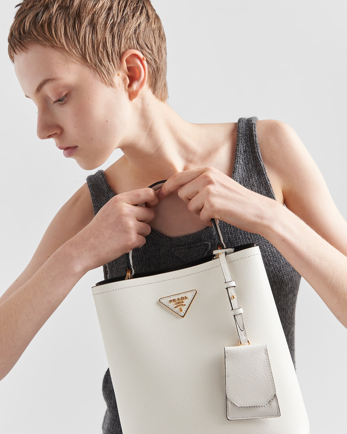 White/black Medium Saffiano Leather Prada Panier Bag | PRADA