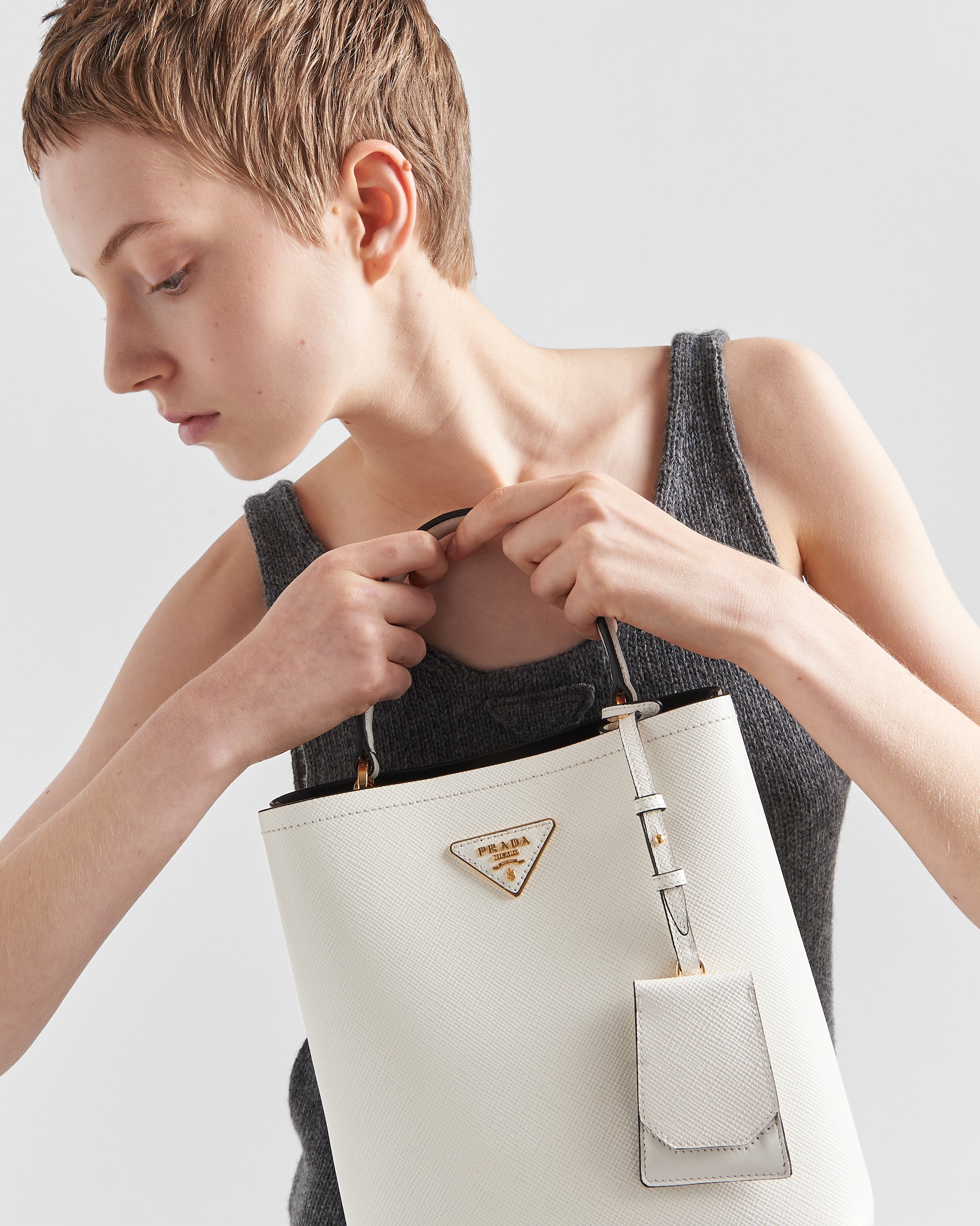 White/black Medium Saffiano Leather Prada Panier Bag | PRADA