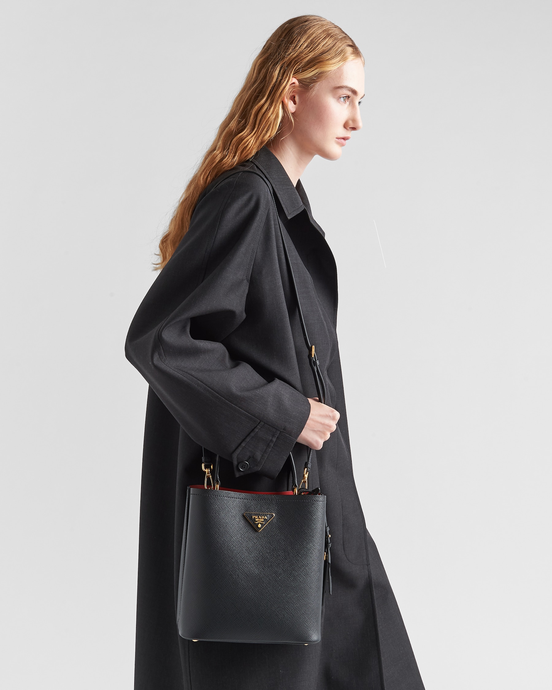 Black/fiery Red Medium Saffiano Leather Prada Panier Bag | PRADA