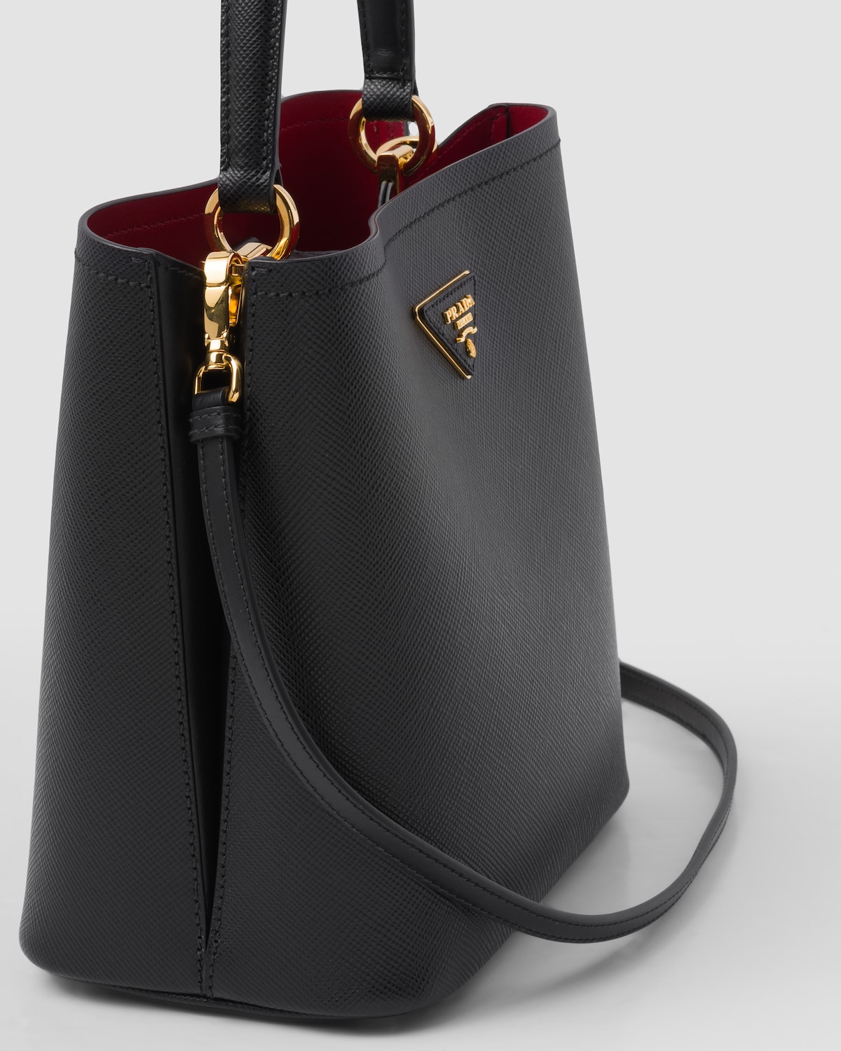 Black/fiery Red Medium Saffiano Leather Prada Panier Bag | PRADA