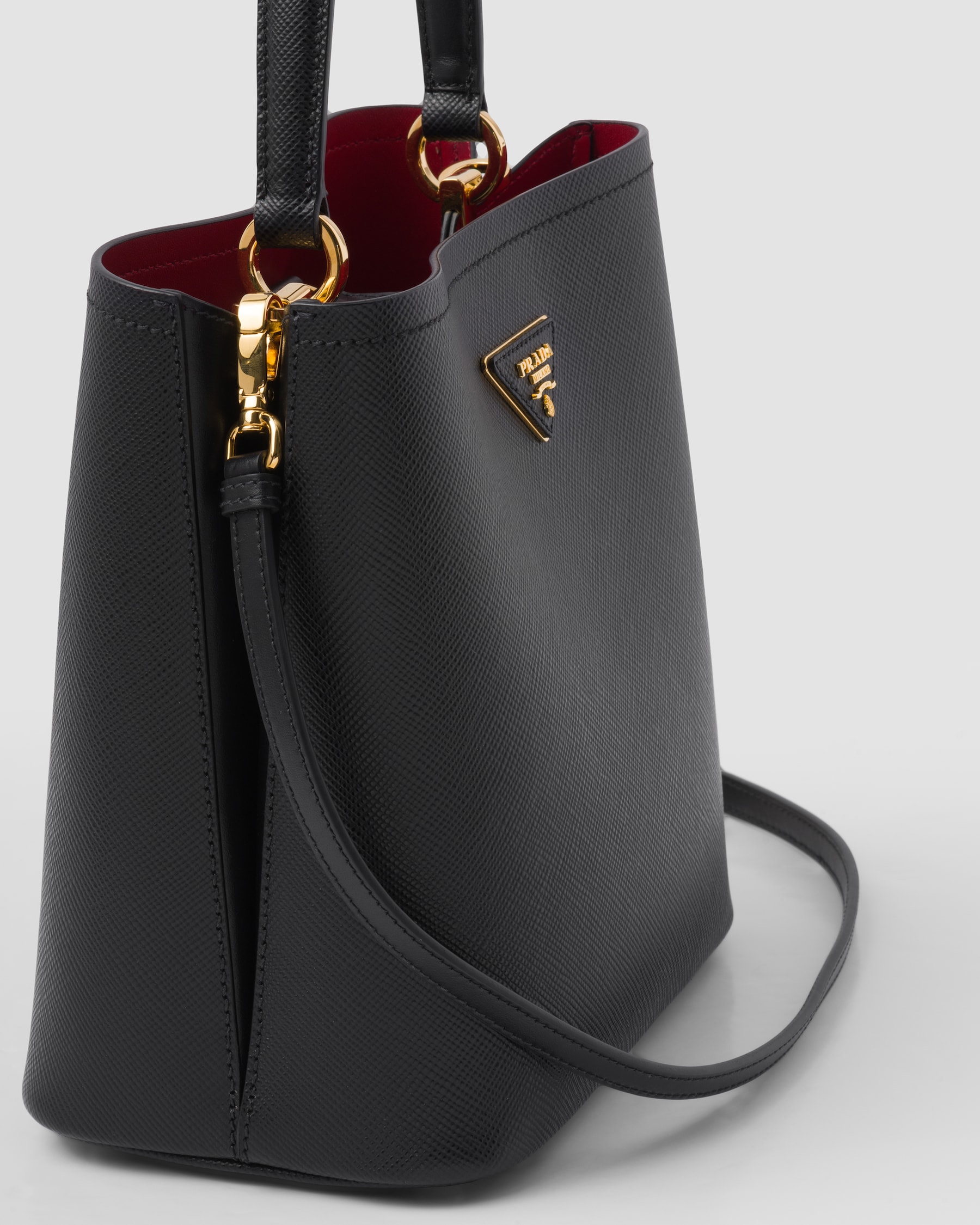 Black/fiery Red Medium Saffiano Leather Prada Panier Bag | PRADA