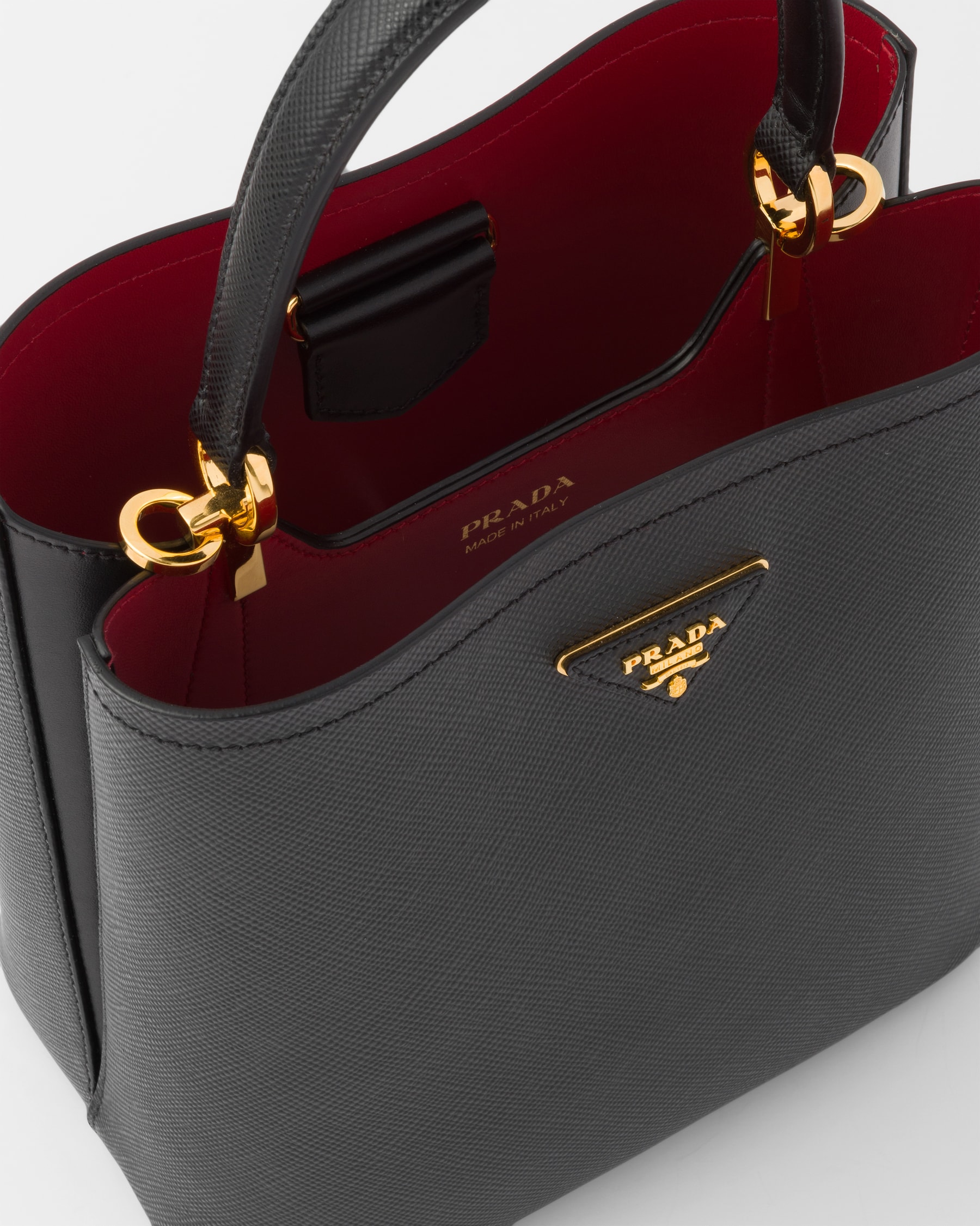 Black/fiery Red Medium Saffiano Leather Prada Panier Bag | PRADA