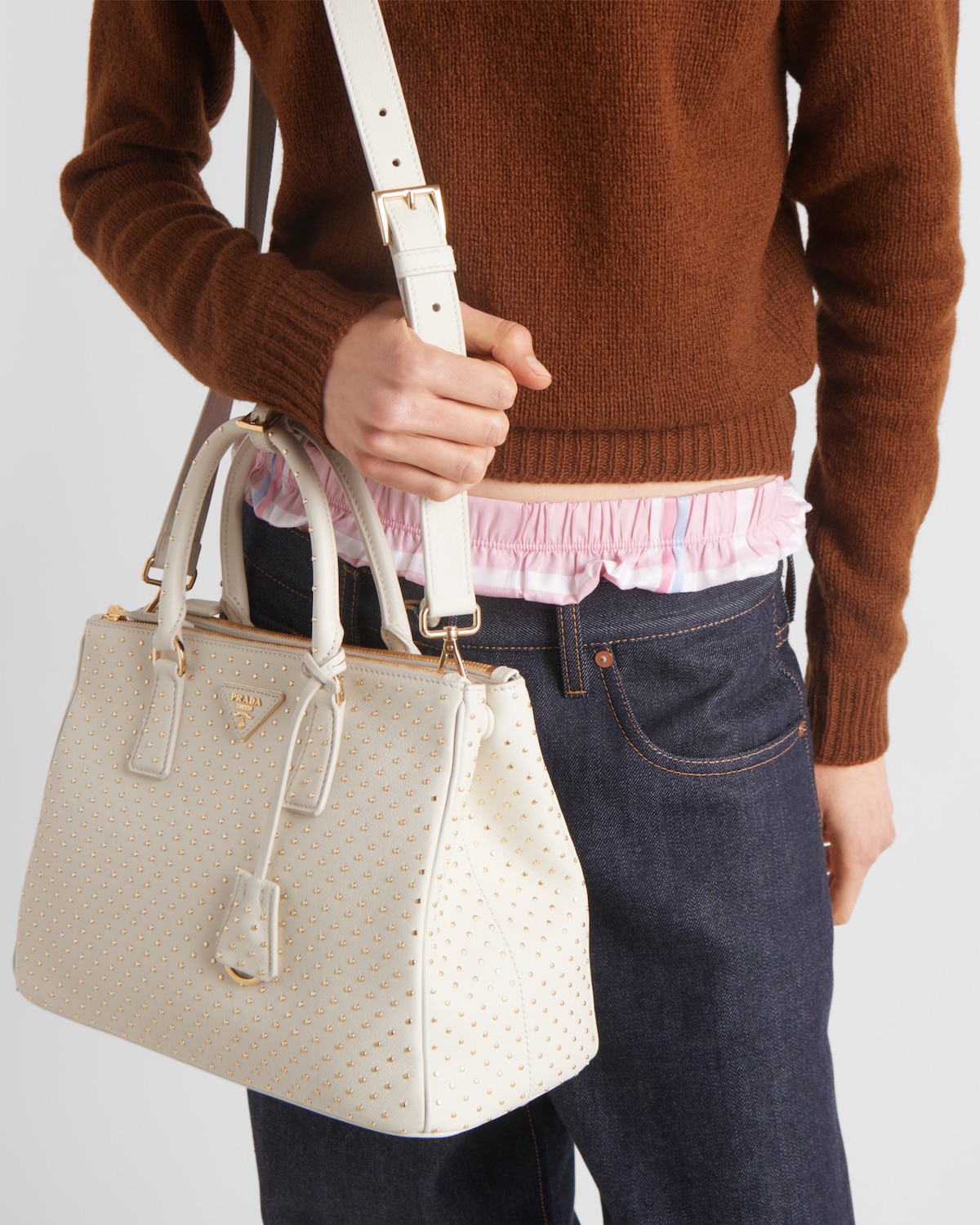 White Large Prada Galleria Studded Leather Bag | PRADA