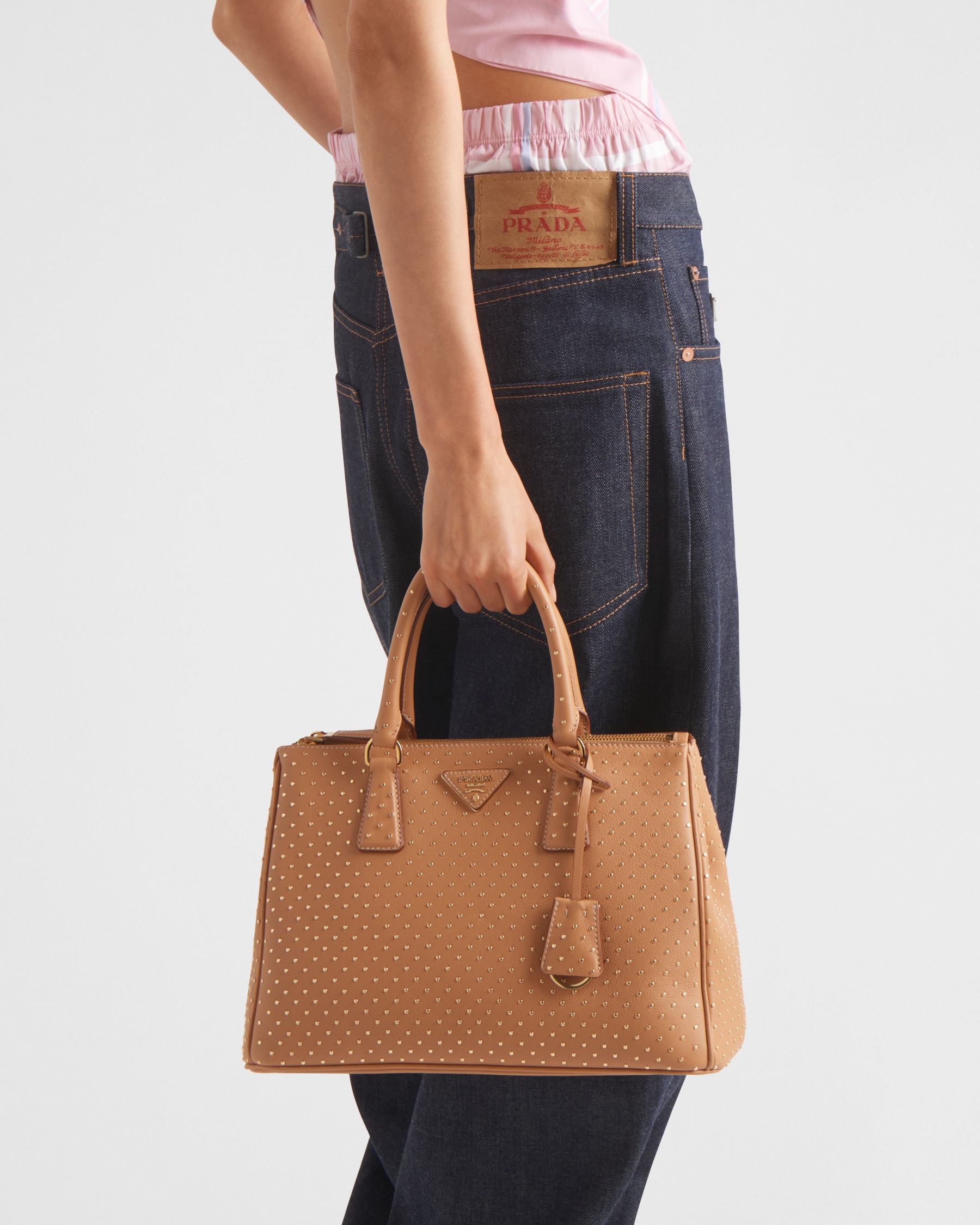 Natural Prada Galleria Large Studded Leather Bag | PRADA