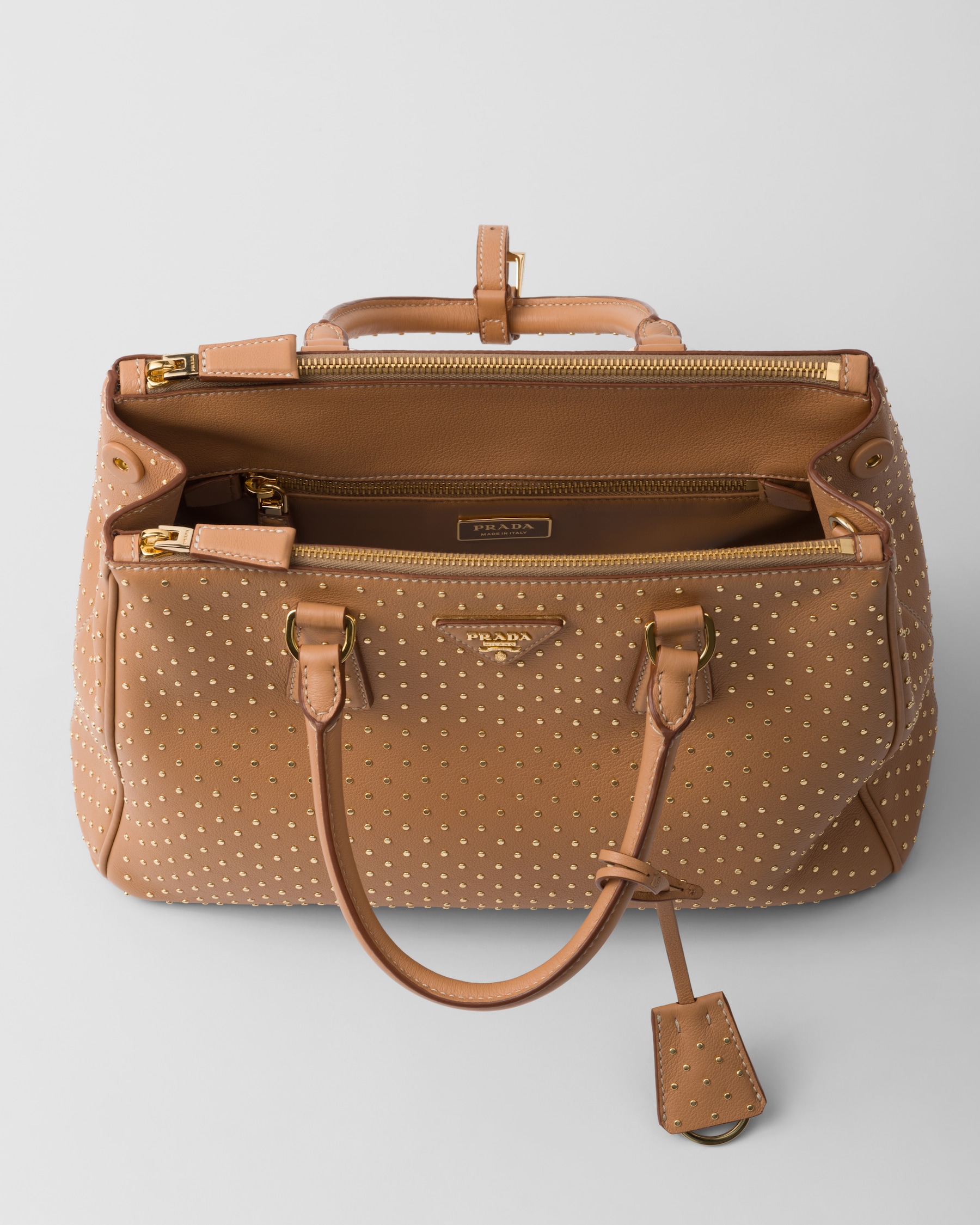 Natural Prada Galleria Large Studded Leather Bag | PRADA
