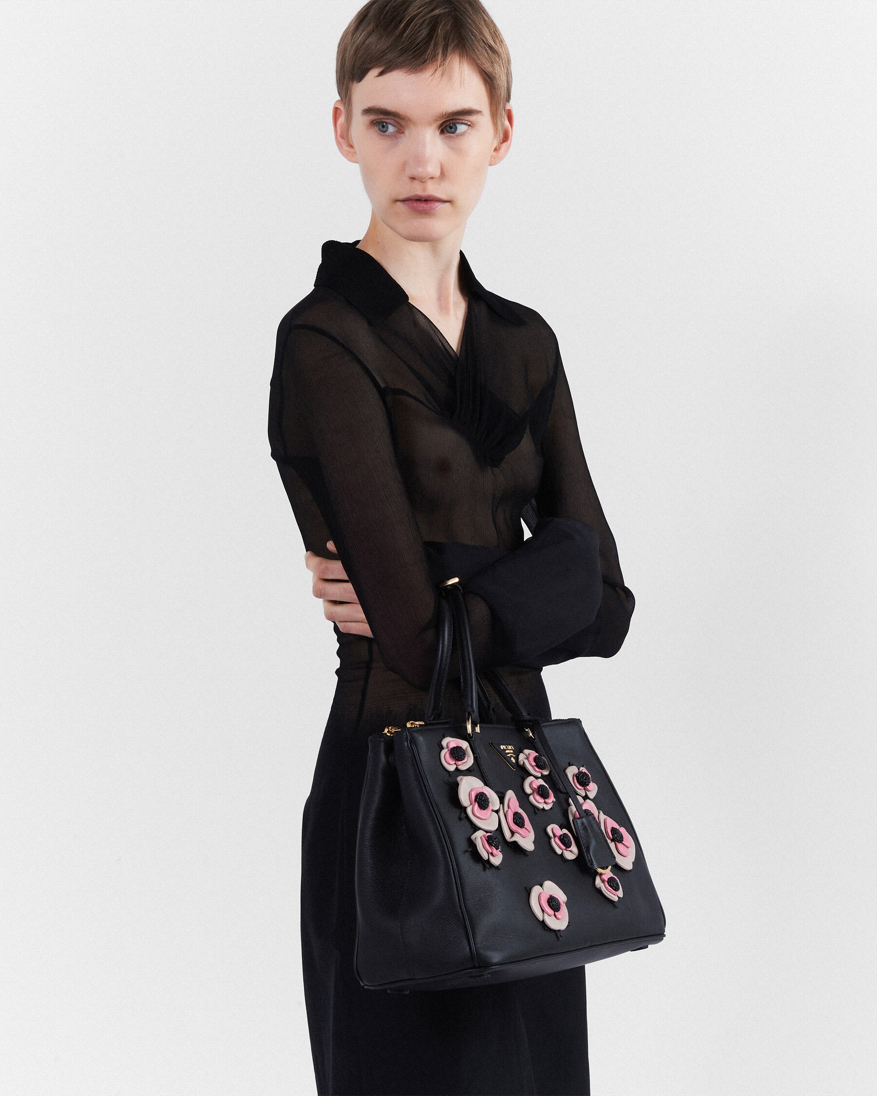 Black/geranium Large Prada Galleria Leather Bag With Floral Appliqués ...
