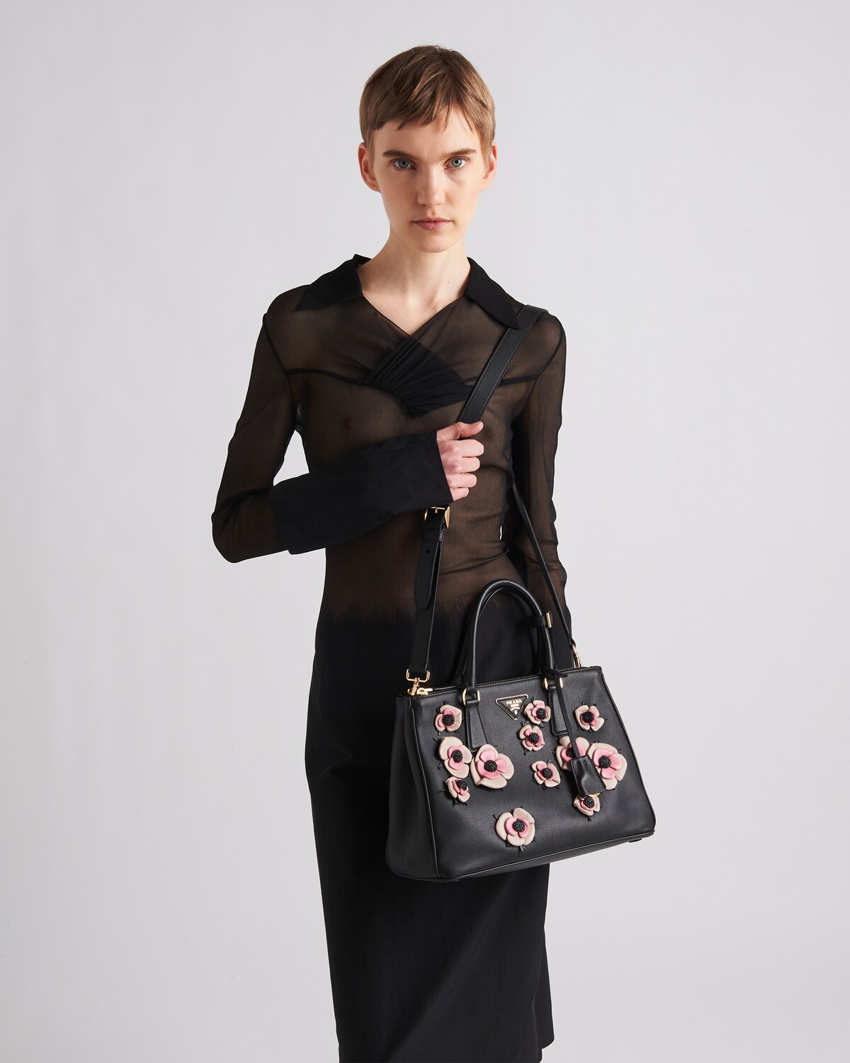Black/geranium Large Prada Galleria Leather Bag With Floral Appliqués ...