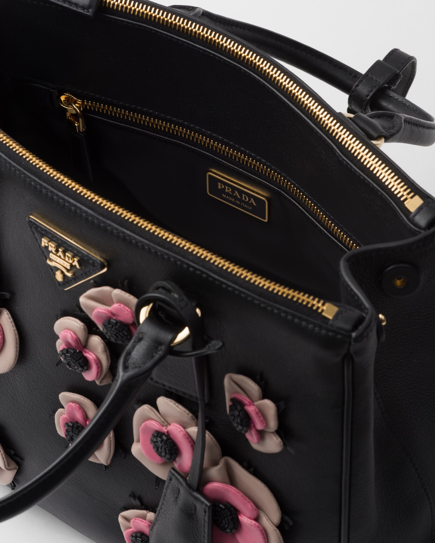 Black/geranium Large Prada Galleria Leather Bag With Floral Appliqués ...