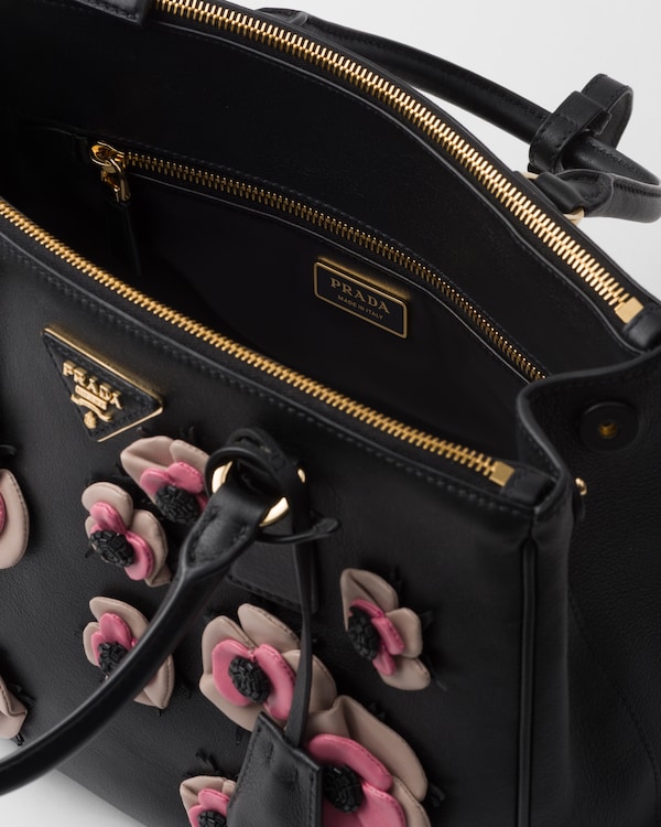 Black/geranium Large Prada Galleria Leather Bag With Floral Appliqués ...