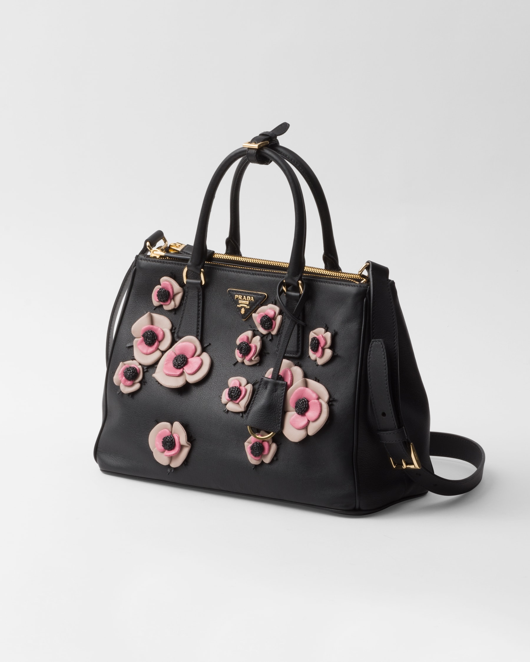 Black/geranium Large Prada Galleria Leather Bag With Floral Appliqués ...