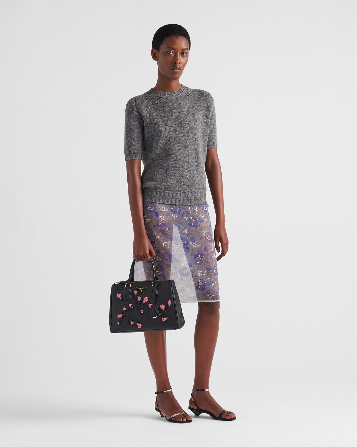 Black/geranium Large Prada Galleria Leather Bag With Floral Appliqués ...