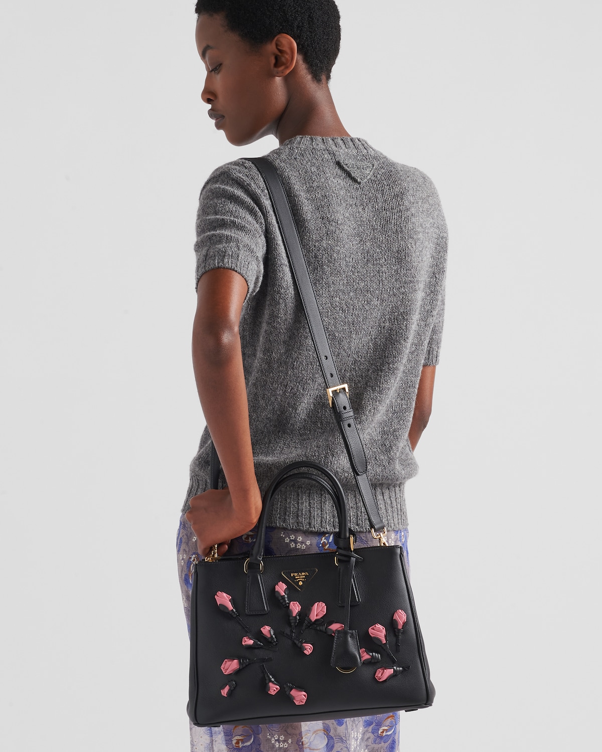 Black/geranium Large Prada Galleria Leather Bag With Floral Appliqués ...