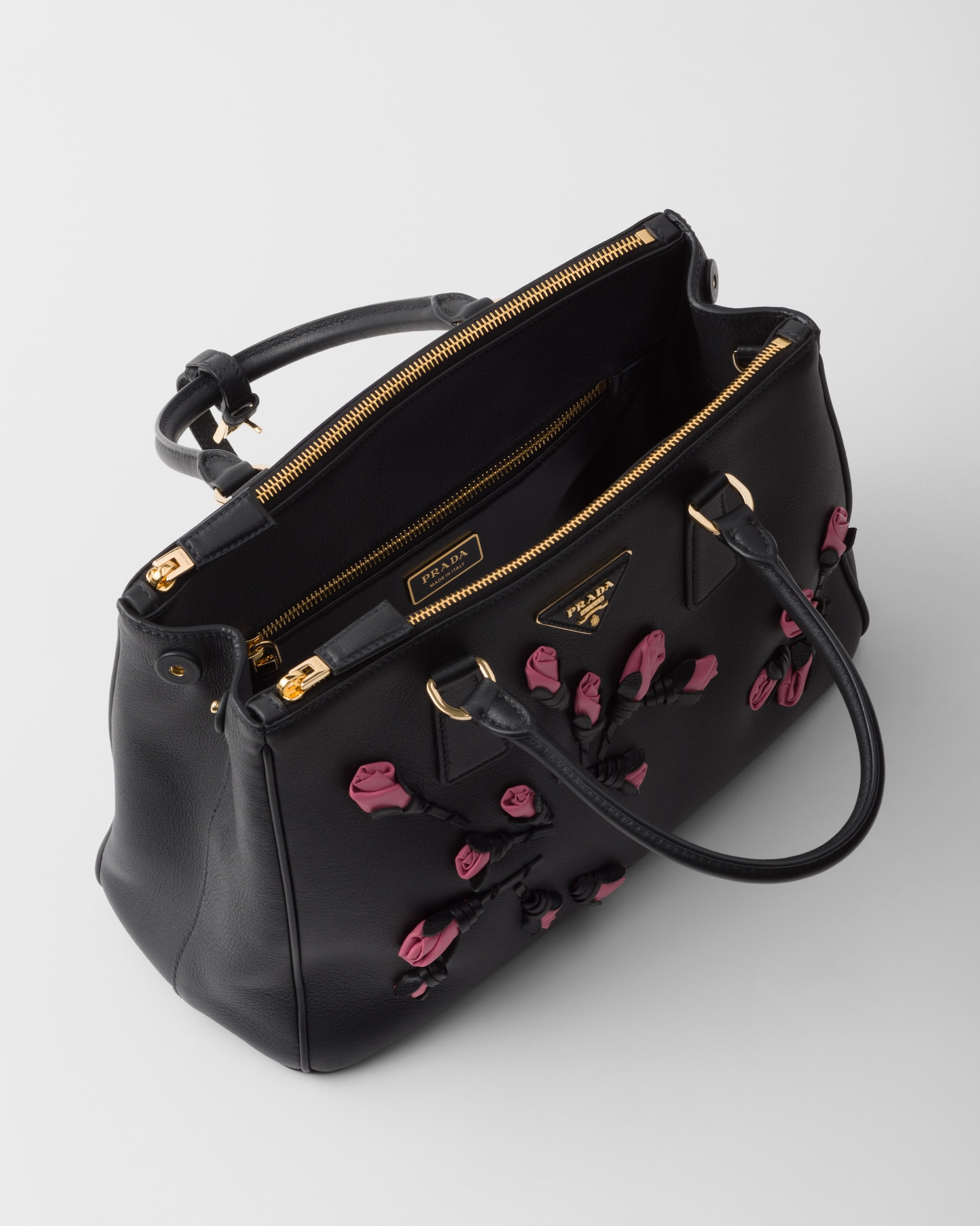 Black/geranium Large Prada Galleria Leather Bag With Floral Appliqués ...