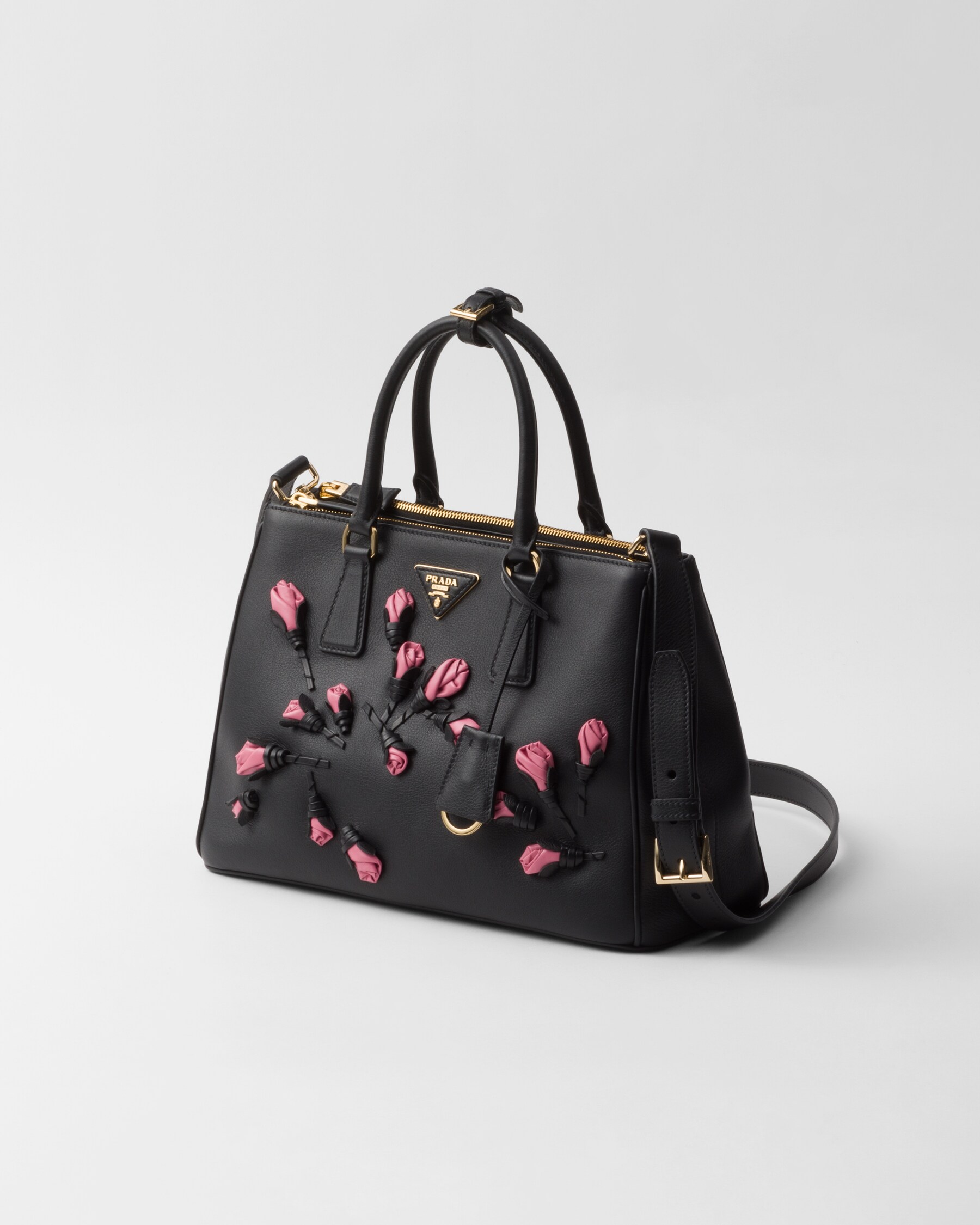 Black/geranium Large Prada Galleria Leather Bag With Floral Appliqués ...