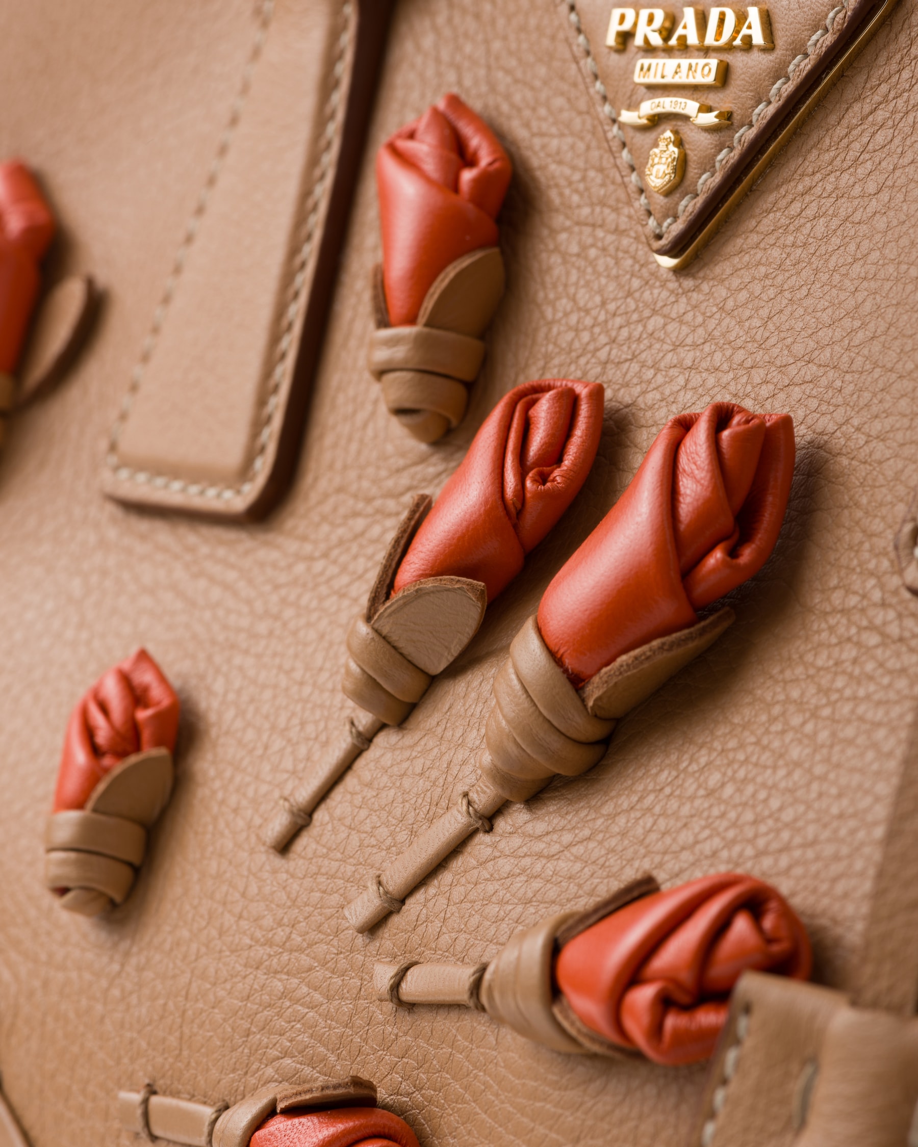 Natural/orange Large Prada Galleria Leather Bag With Floral Appliqués ...