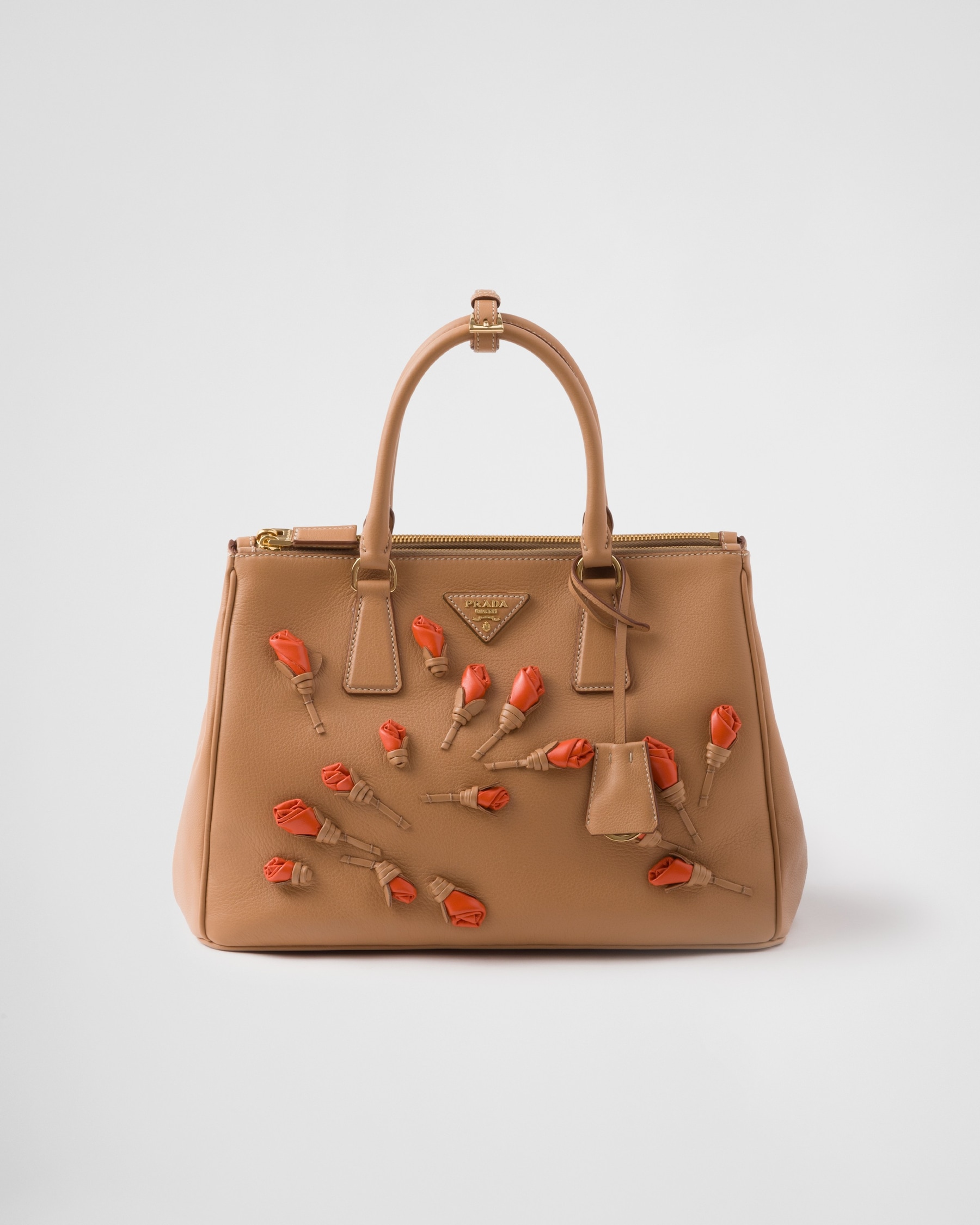 Natural/orange Large Prada Galleria Leather Bag With Floral Appliqués ...