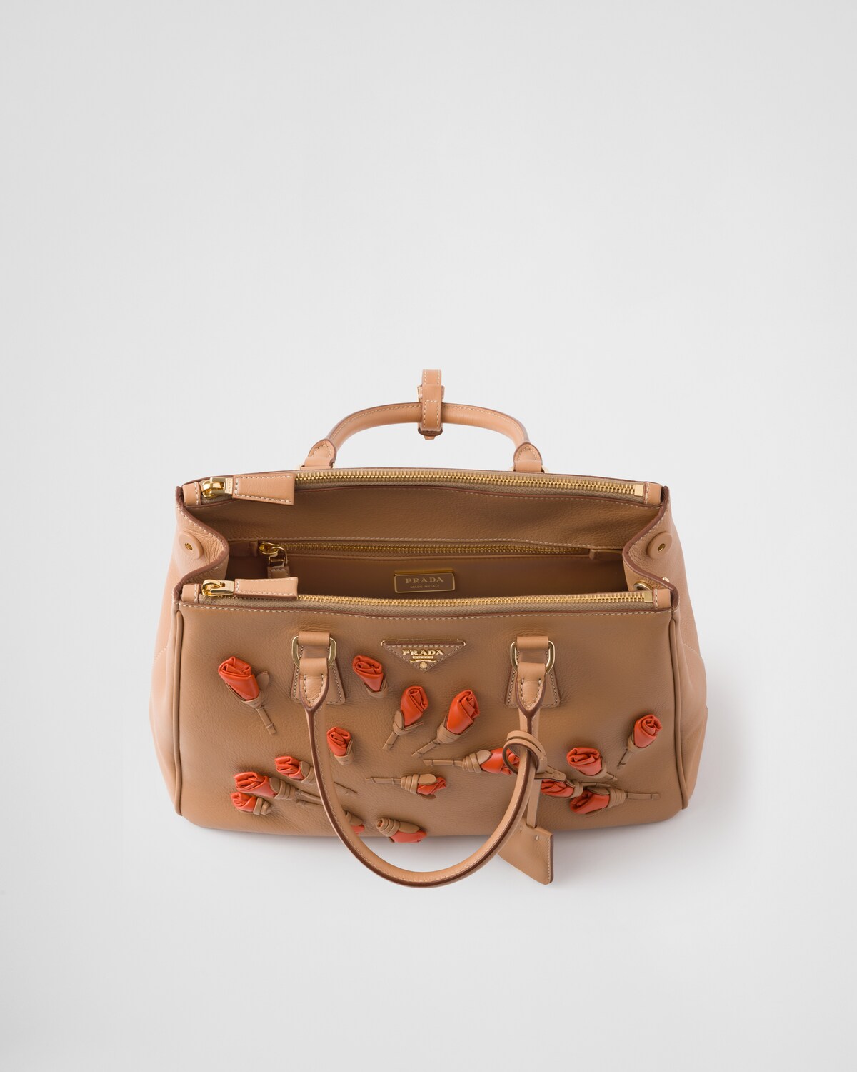 Natural/orange Large Prada Galleria Leather Bag With Floral Appliqués ...