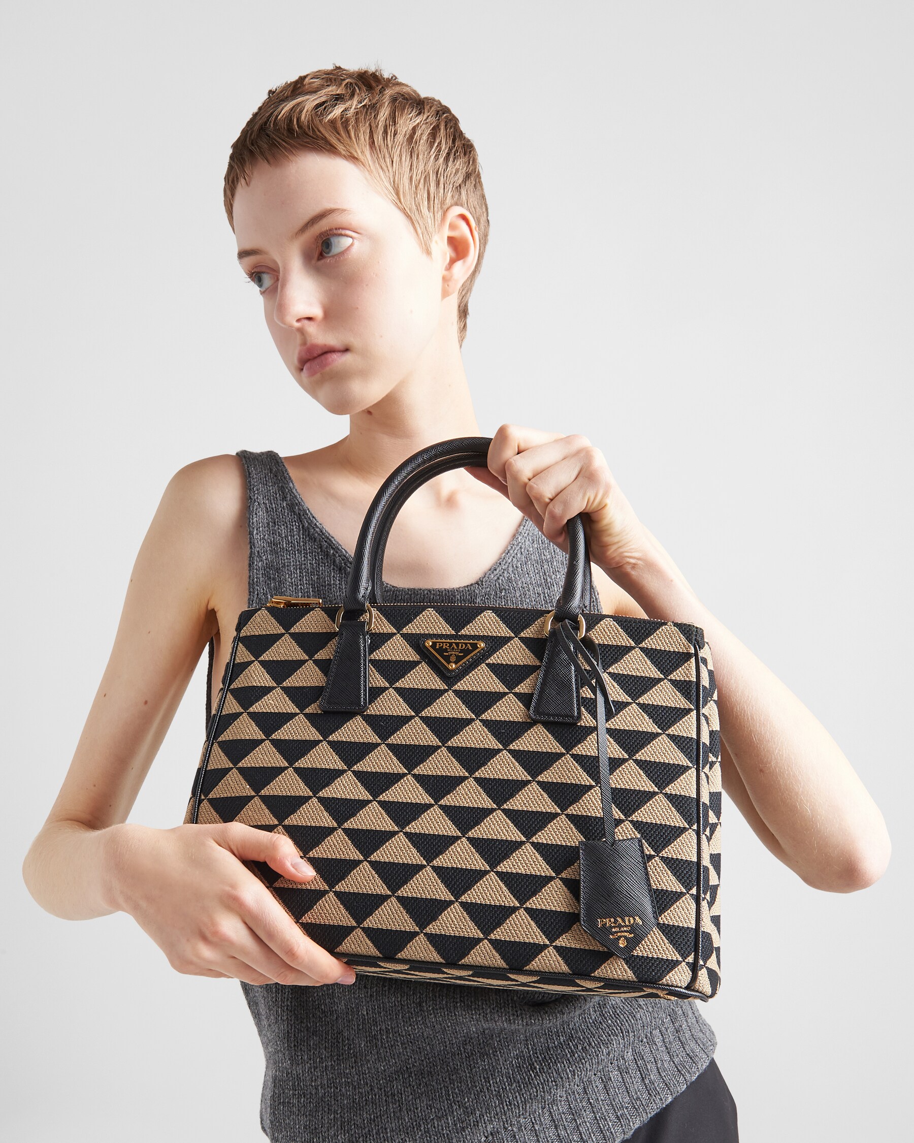 Black/beige Large Prada Symbole Embroidered Fabric Bag | PRADA