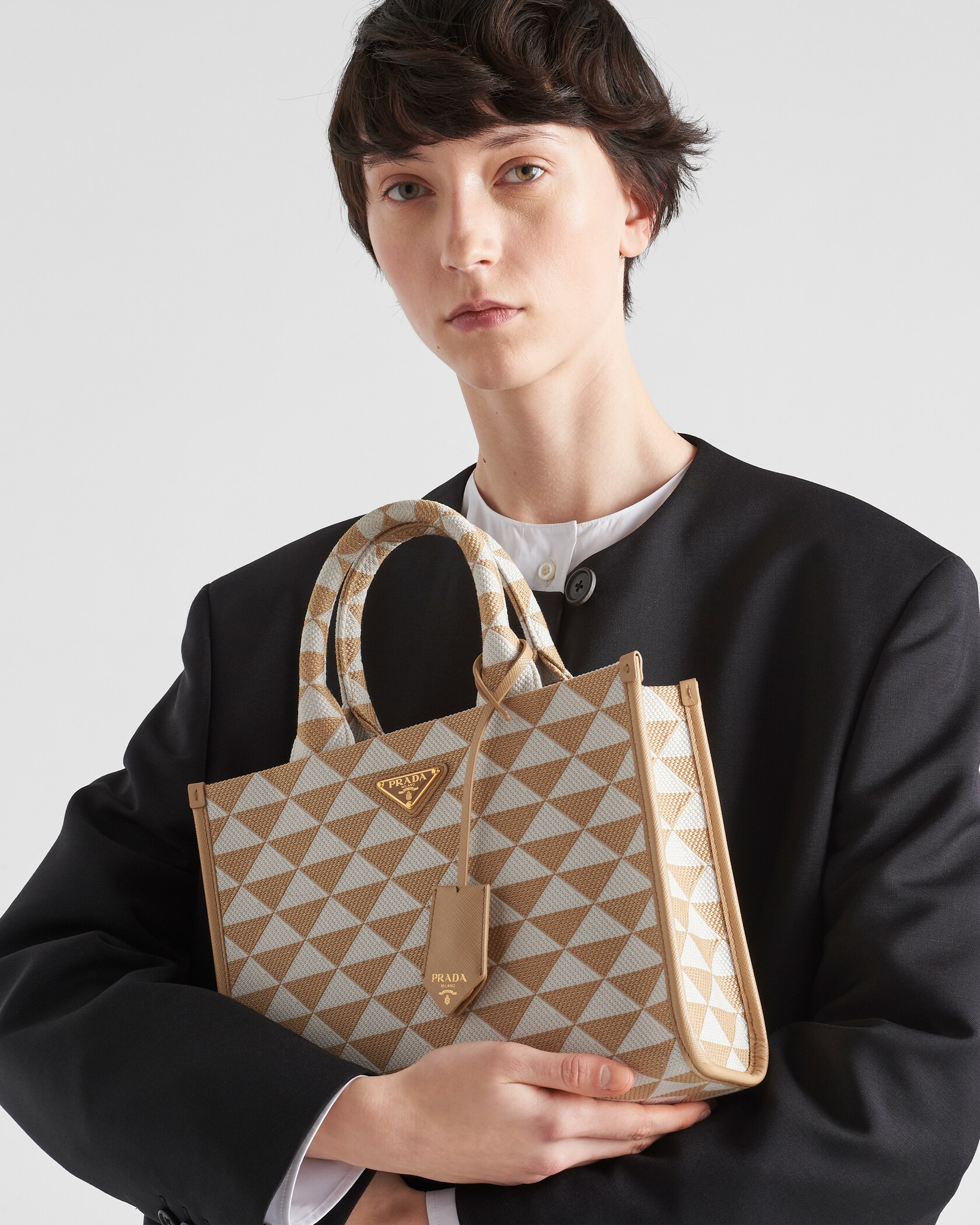 Beige/chalk White Small Prada Symbole Embroidered Fabric Handbag | PRADA