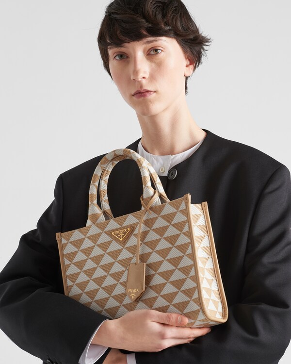 Beige/chalk White Small Prada Symbole Embroidered Fabric Handbag | PRADA