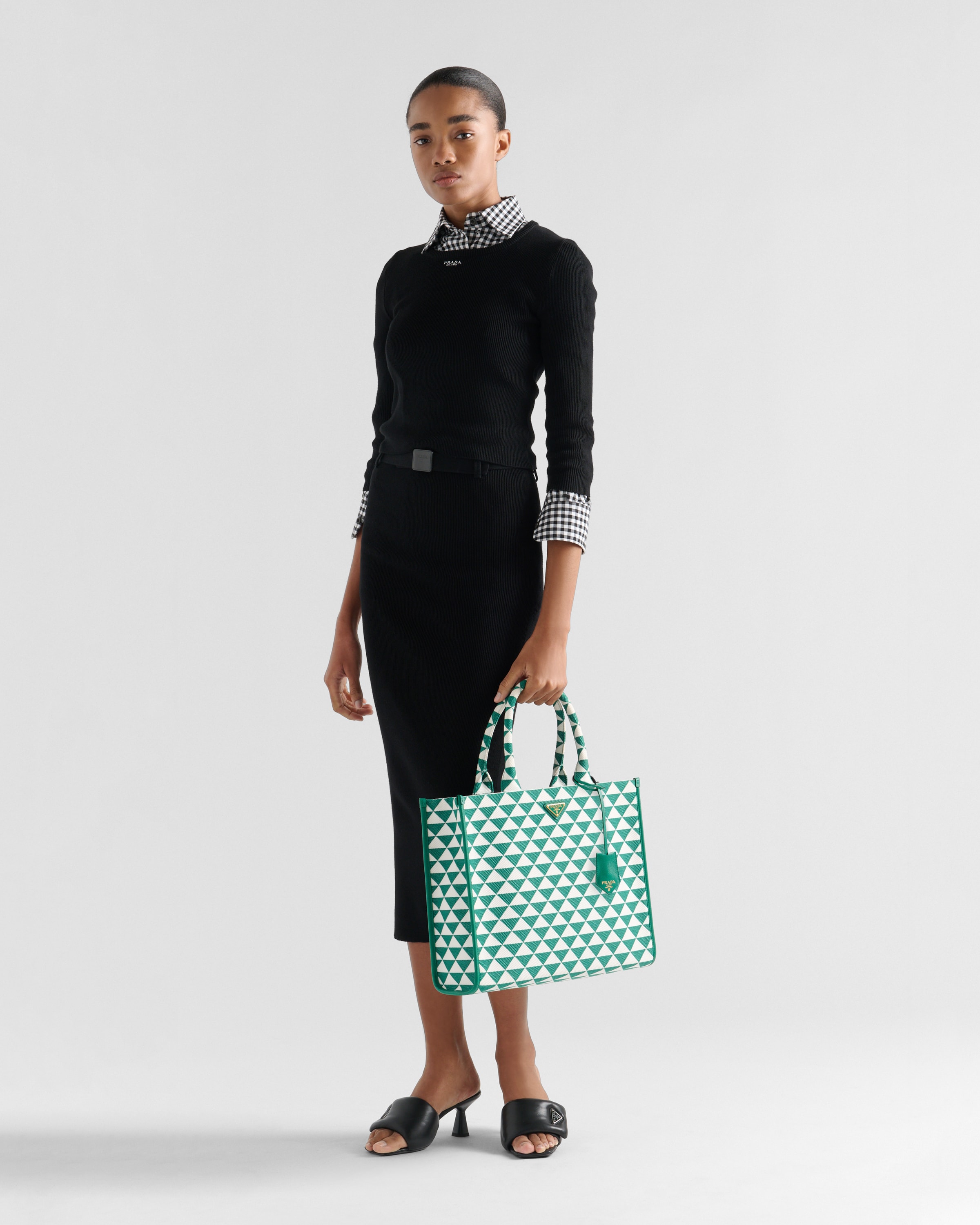 Mango/white Large Prada Symbole embroidered fabric handbag | Prada
