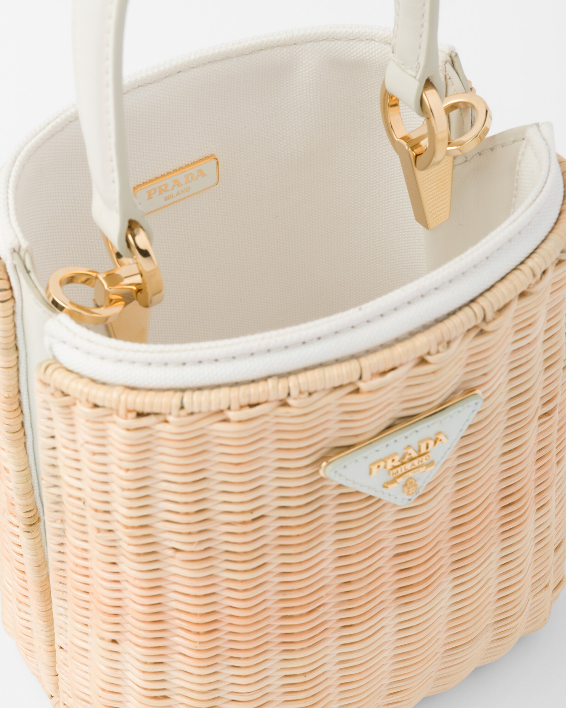 Natural/white Prada Panier Wicker And Canvas Bag | PRADA