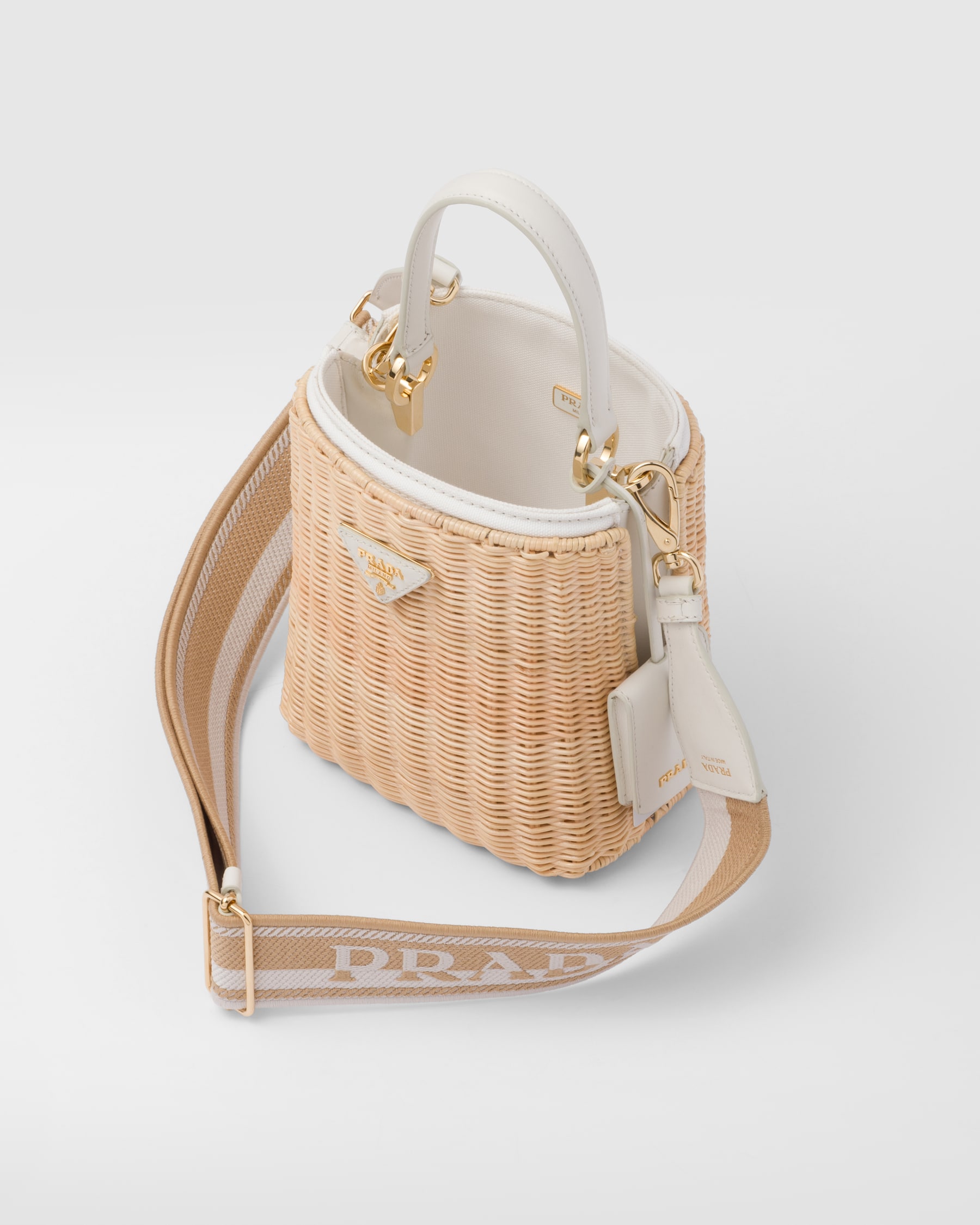 Natural/white Prada Panier Wicker And Canvas Bag | PRADA