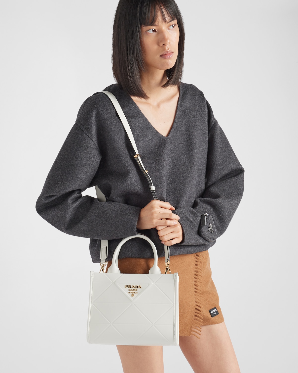 White Mini Prada Symbole Leather Bag With Stitching | PRADA