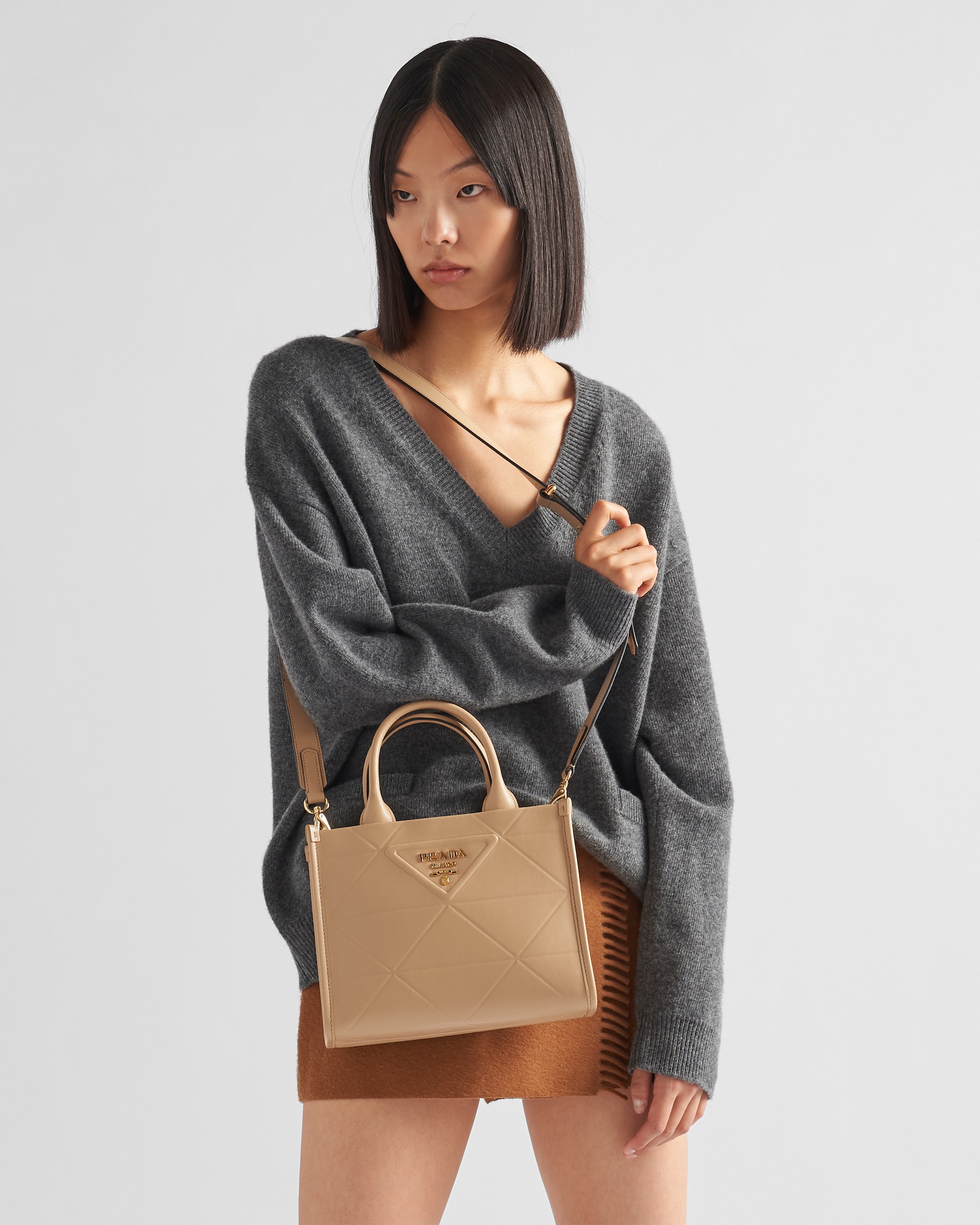 Sand Beige Mini Prada Symbole Leather Bag With Stitching | PRADA