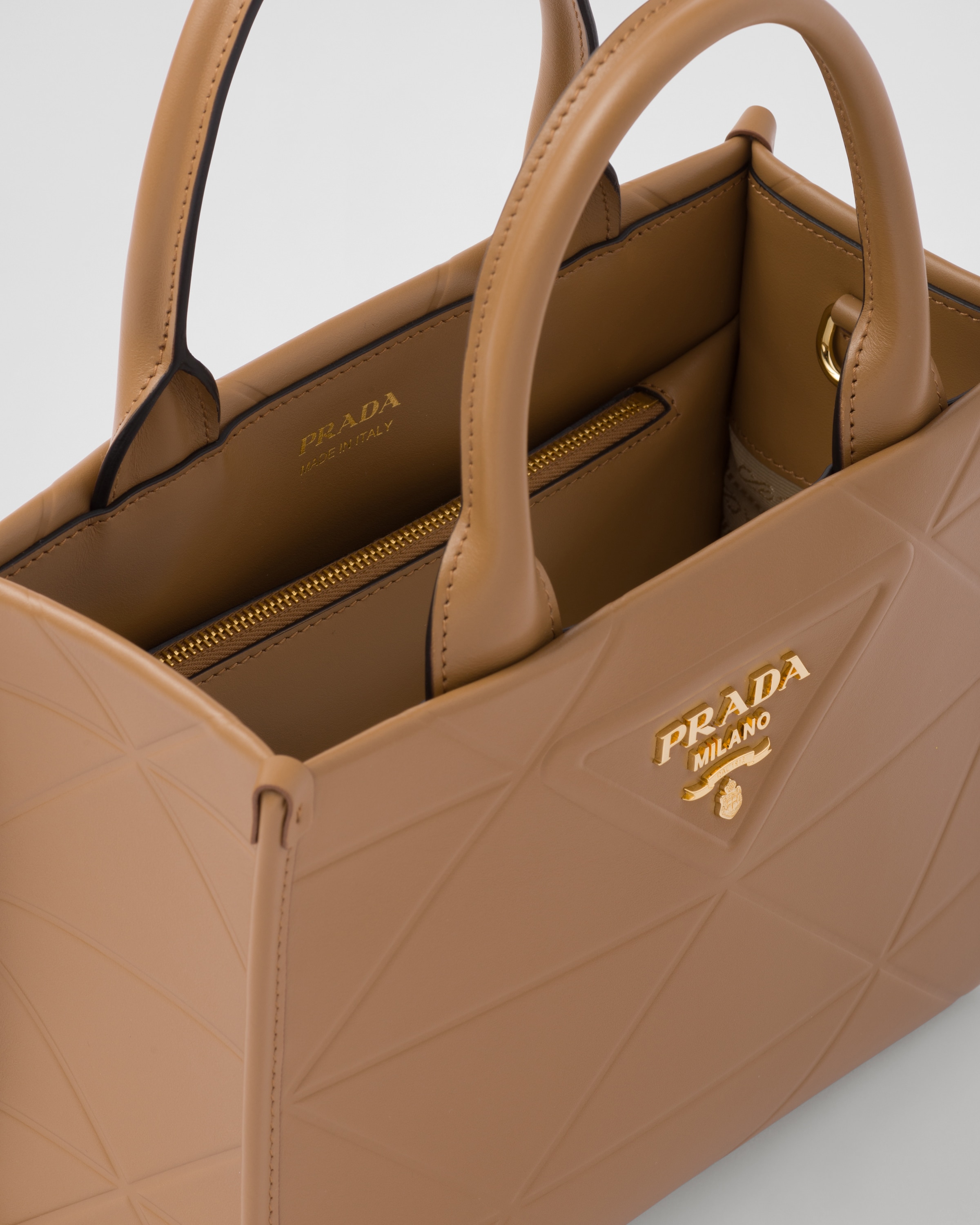 Caramel Mini Prada Symbole Leather Bag With Stitching | PRADA