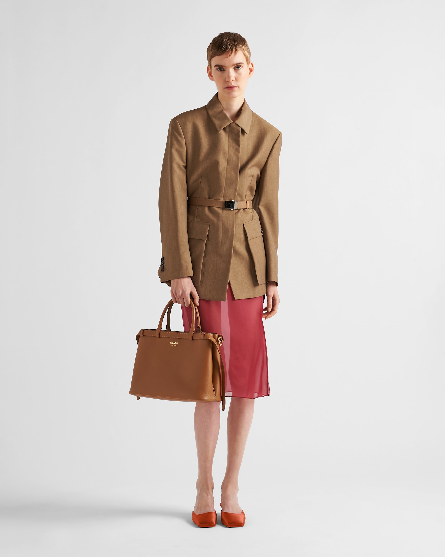 Caramel Prada Buckle Medium Leather Handbag With Double Belt | PRADA