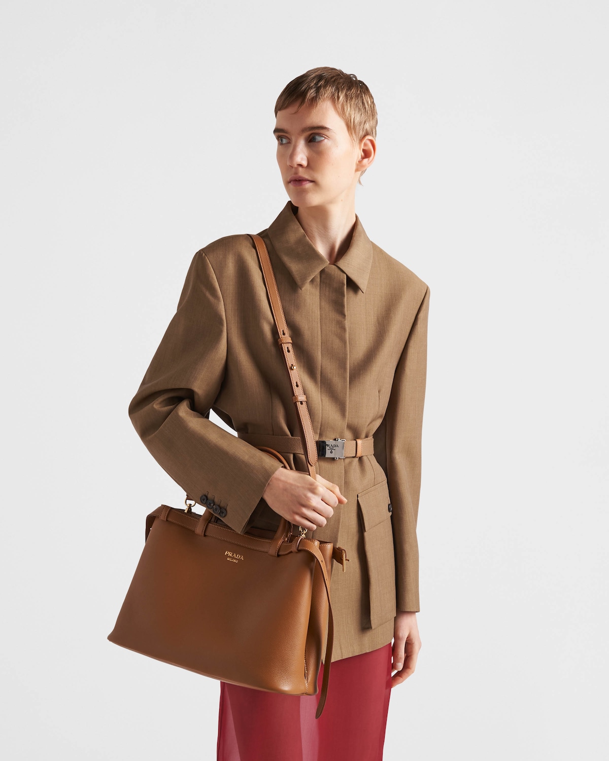 Caramel Prada Buckle Medium Leather Handbag With Double Belt | PRADA