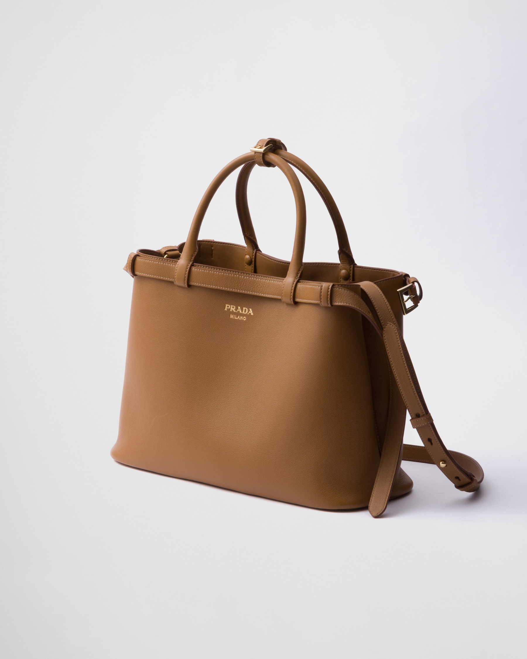 Caramel Prada Buckle Medium Leather Handbag With Double Belt | PRADA