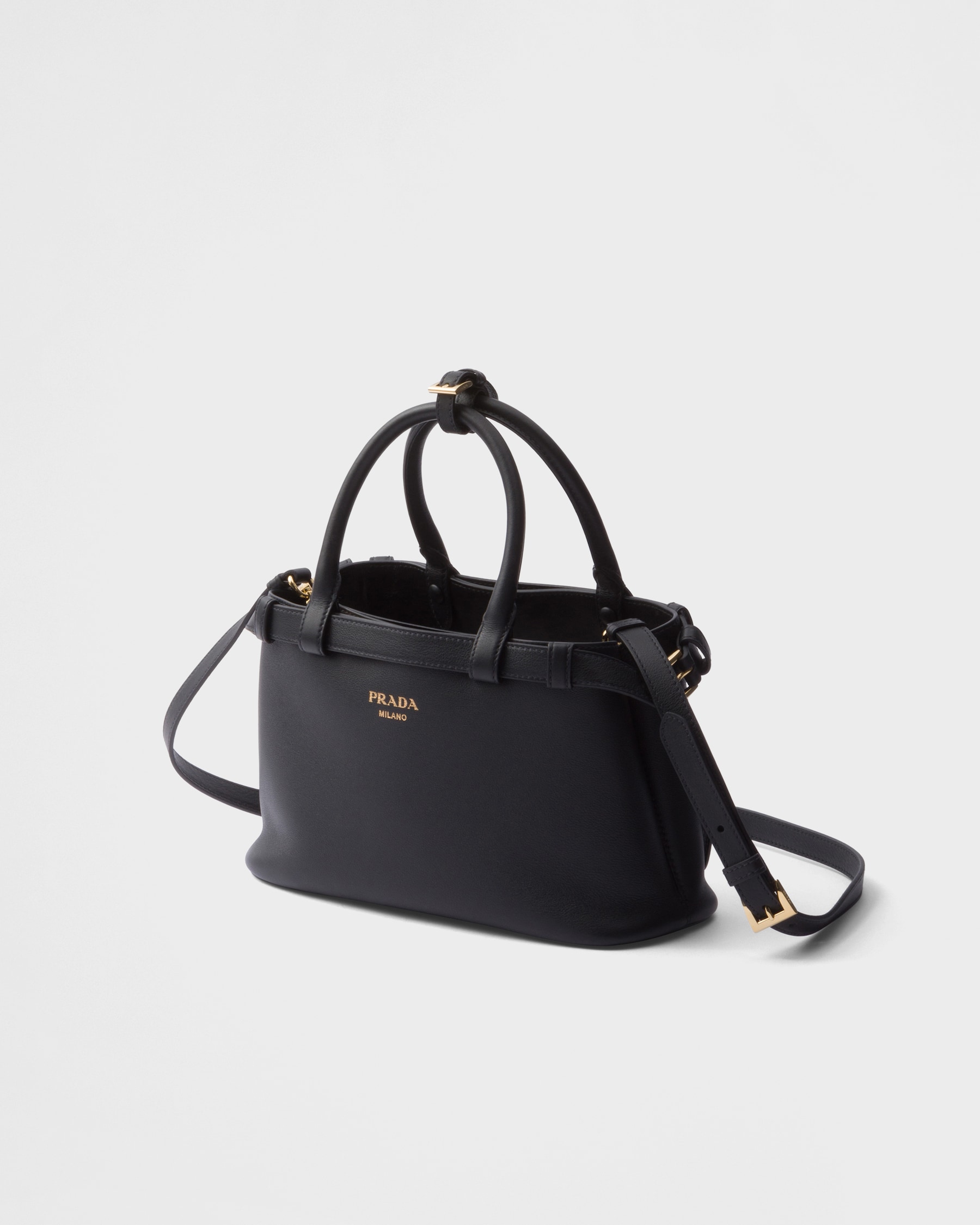 Black Prada Buckle Small Leather Handbag With Double Belt | PRADA