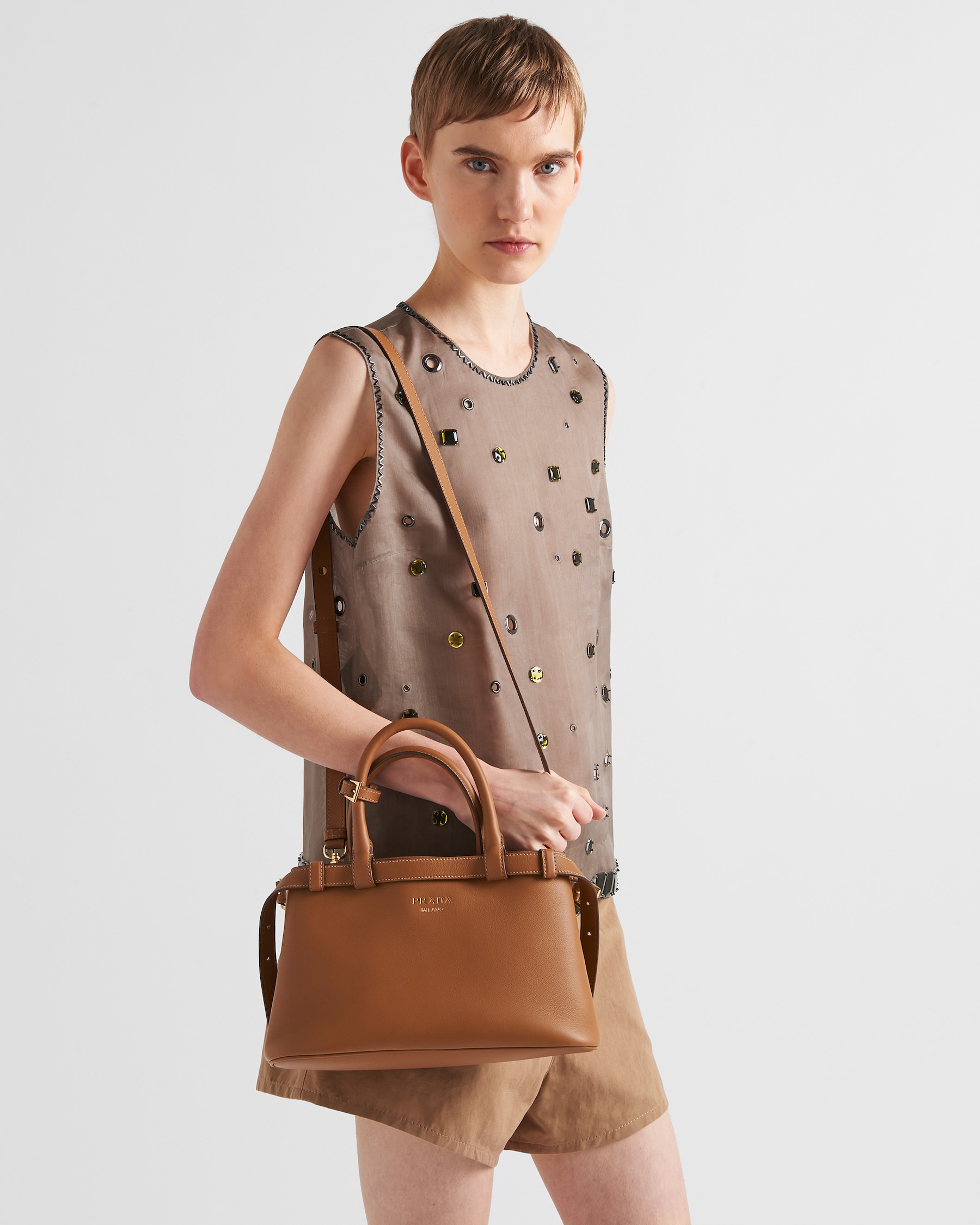 Caramel Prada Buckle Small Leather Handbag With Double Belt | PRADA