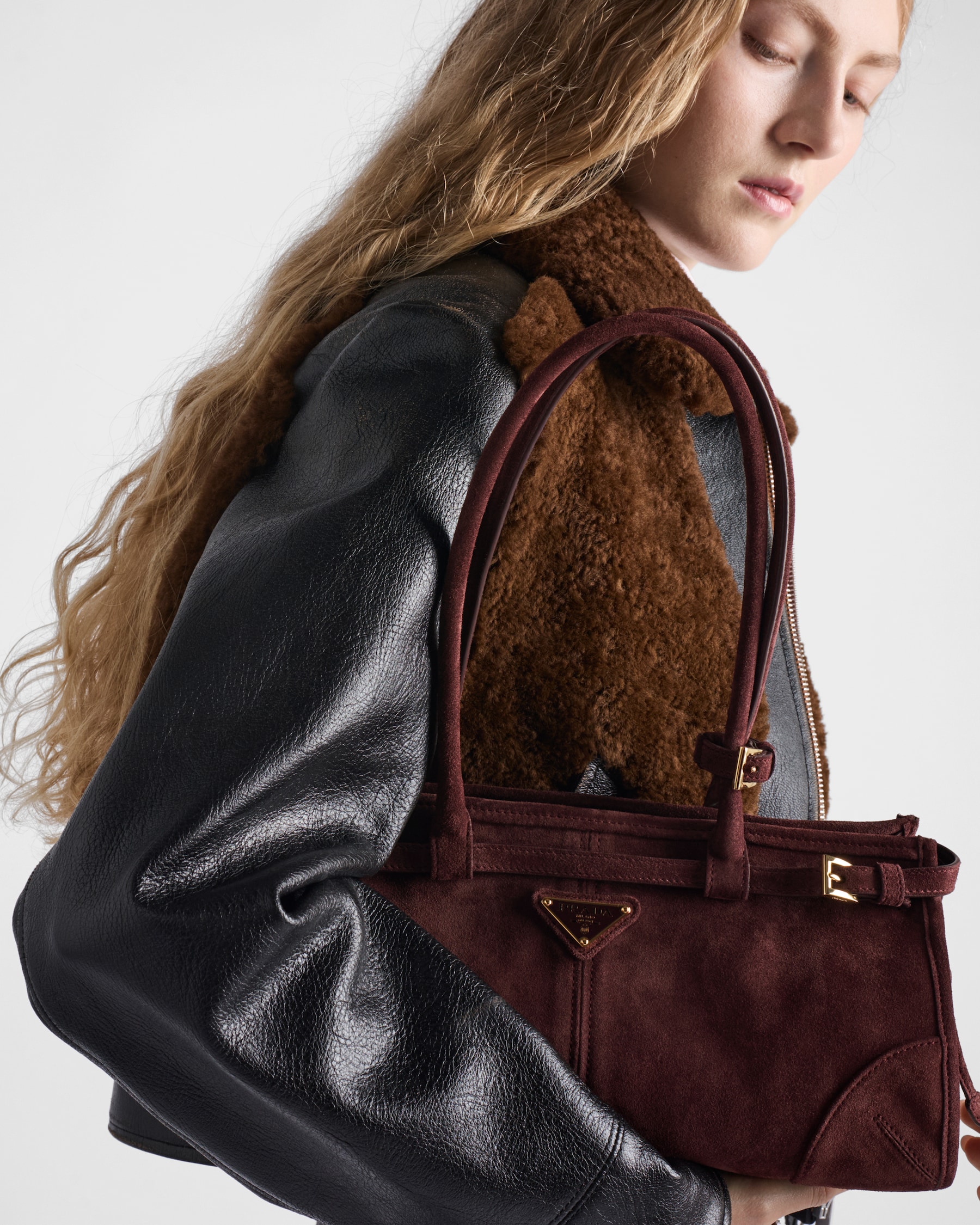 Burgundy Prada Bonnie Medium Suede Handbag | PRADA - United States